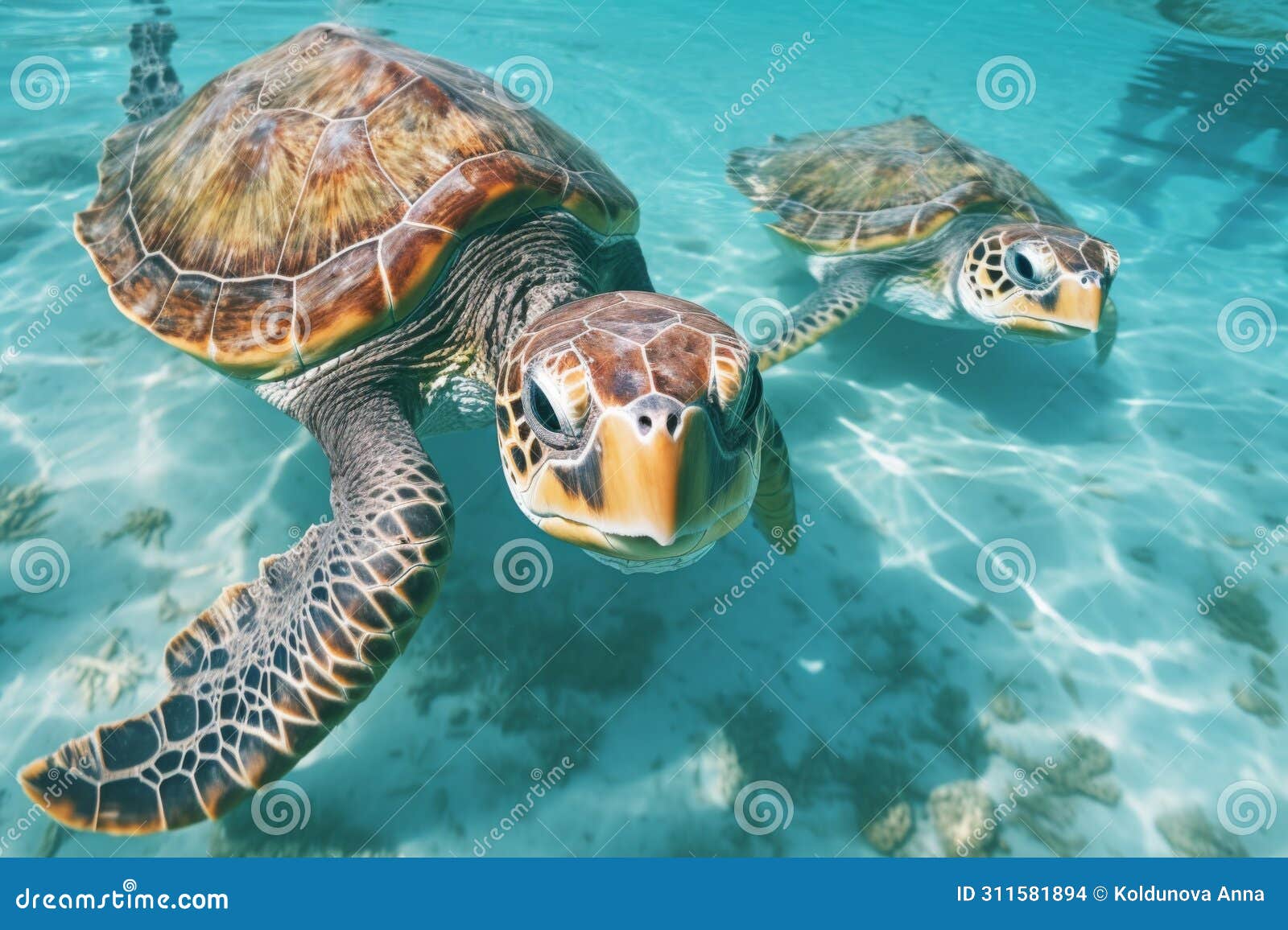 Sea Turtles Swimming Underwater Deep Blue Sea Ai Generated Stock