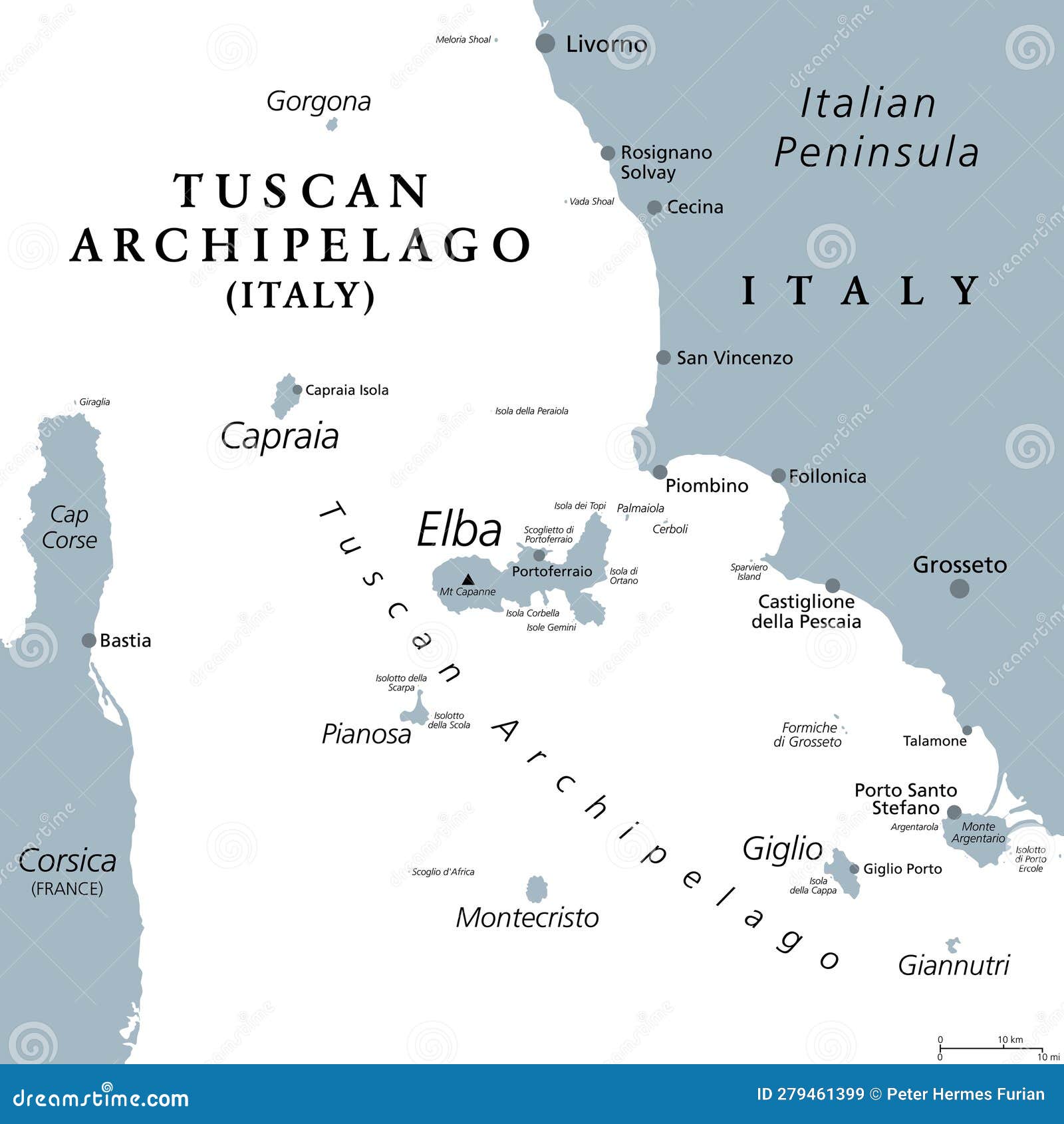 Tuscan Archipelago, Island Chain In Italy, Gray Political Map Cartoon ...