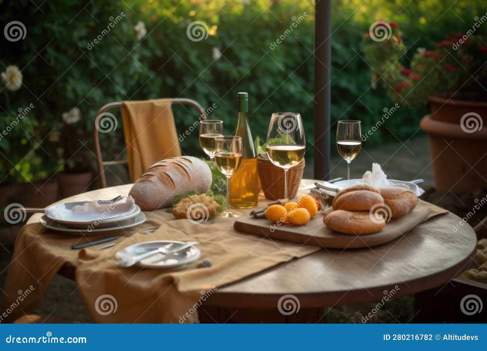 Tuscan Outdoor Table Setting with Bread, Wine, and Cheese Stock ...