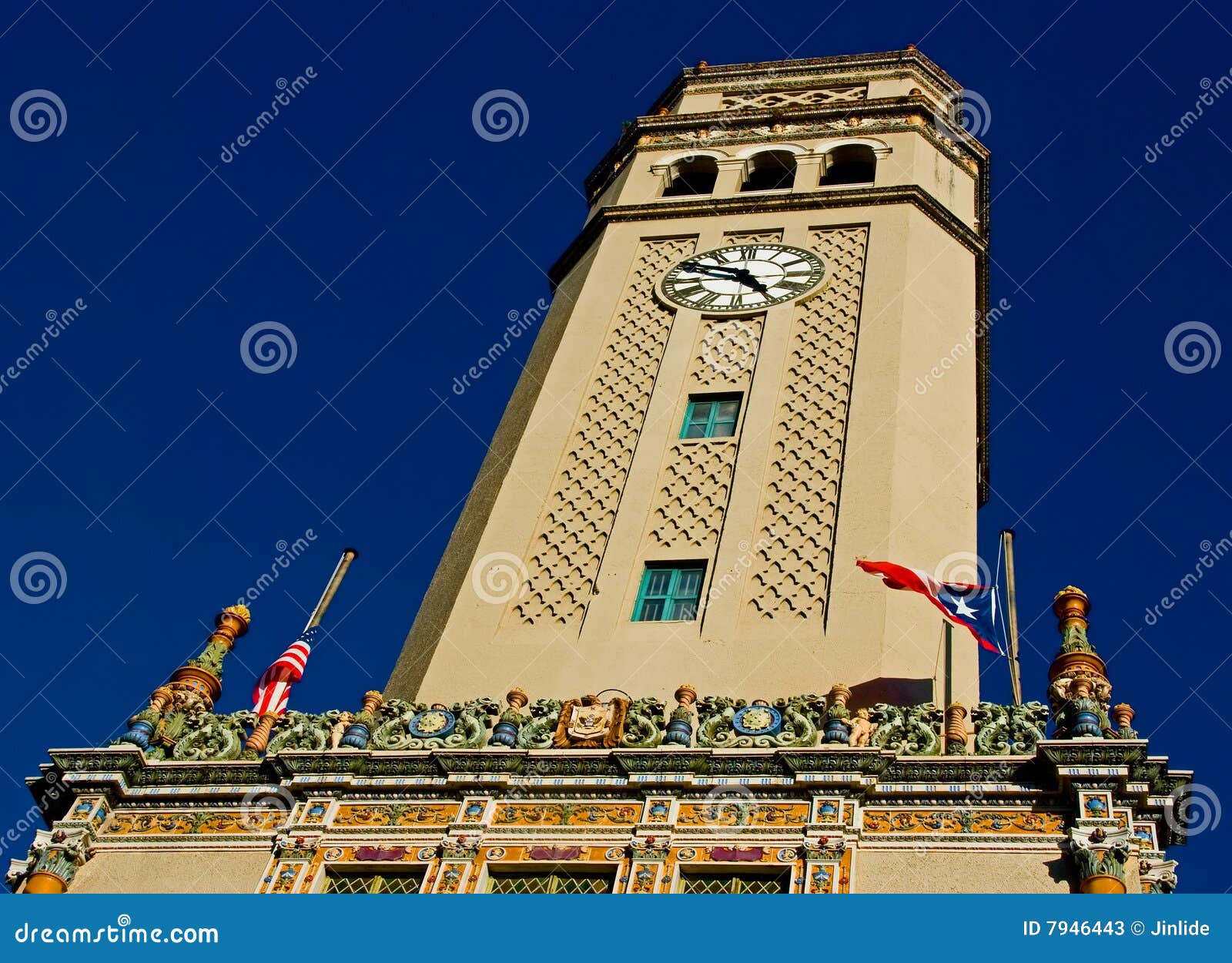Tuscan-style clock tower stock image. Image of green, puerto - 7946443