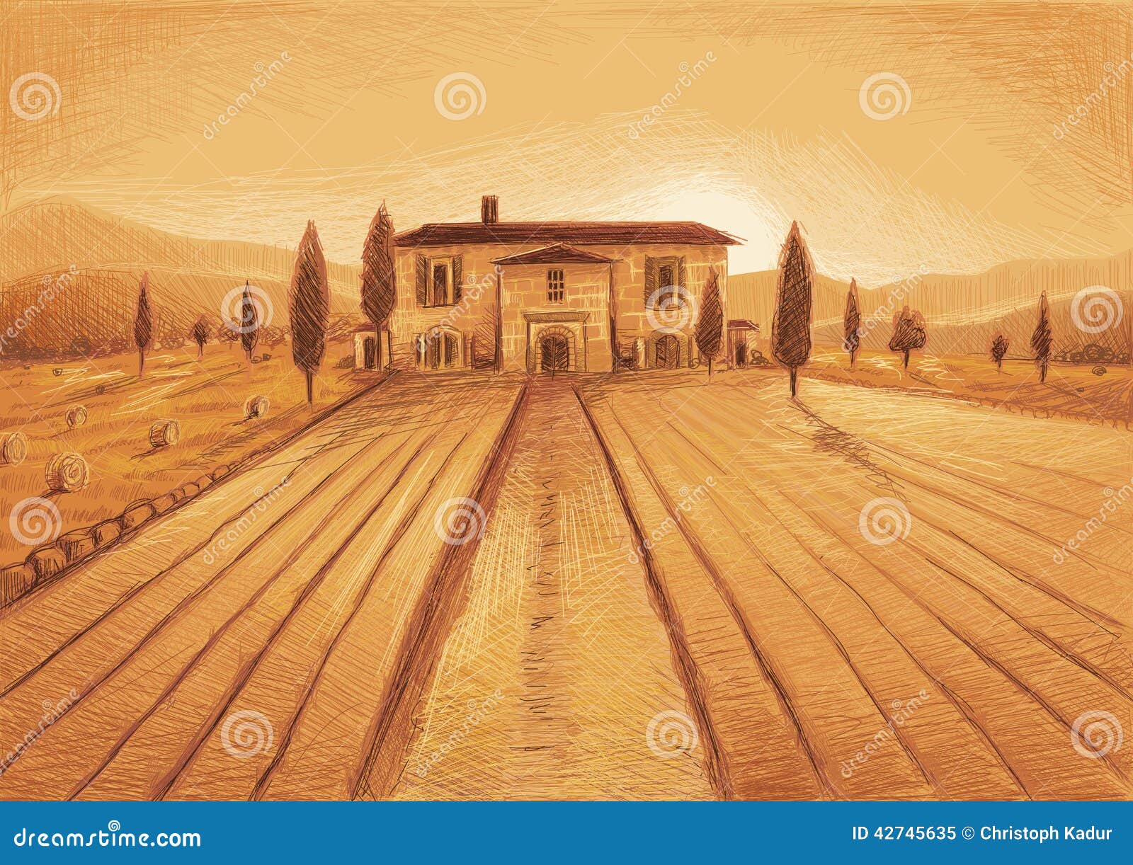 Tuscany Drawing stock image. Image of evening, farming - 42745635