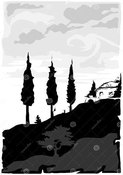 Tuscany Landscape Vector stock vector. Illustration of monochromatic ...