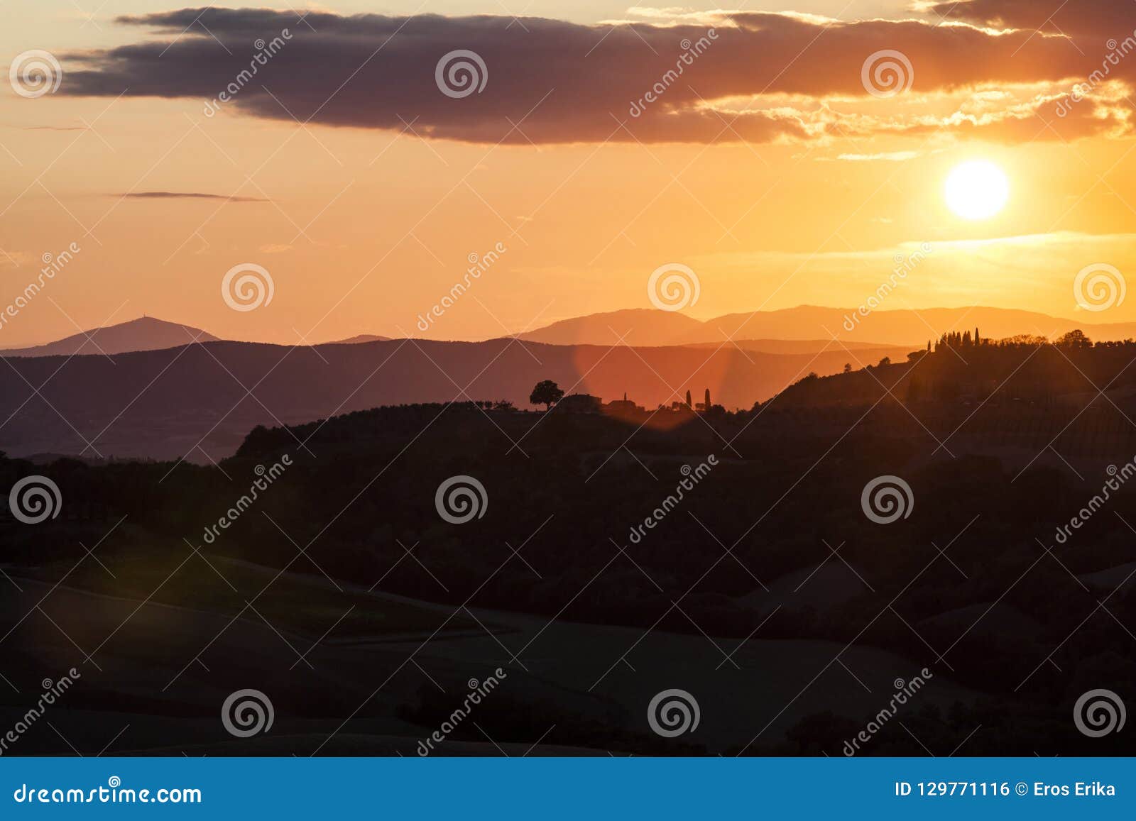 Tuscany sunset stock photo. Image of scene, meadow, scenery - 129771116