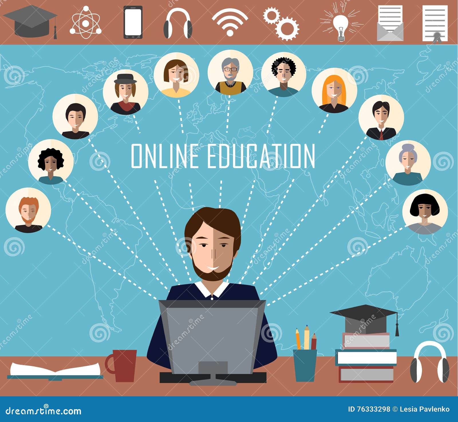 Tutor and His Online Education Group on the World Map Background ...