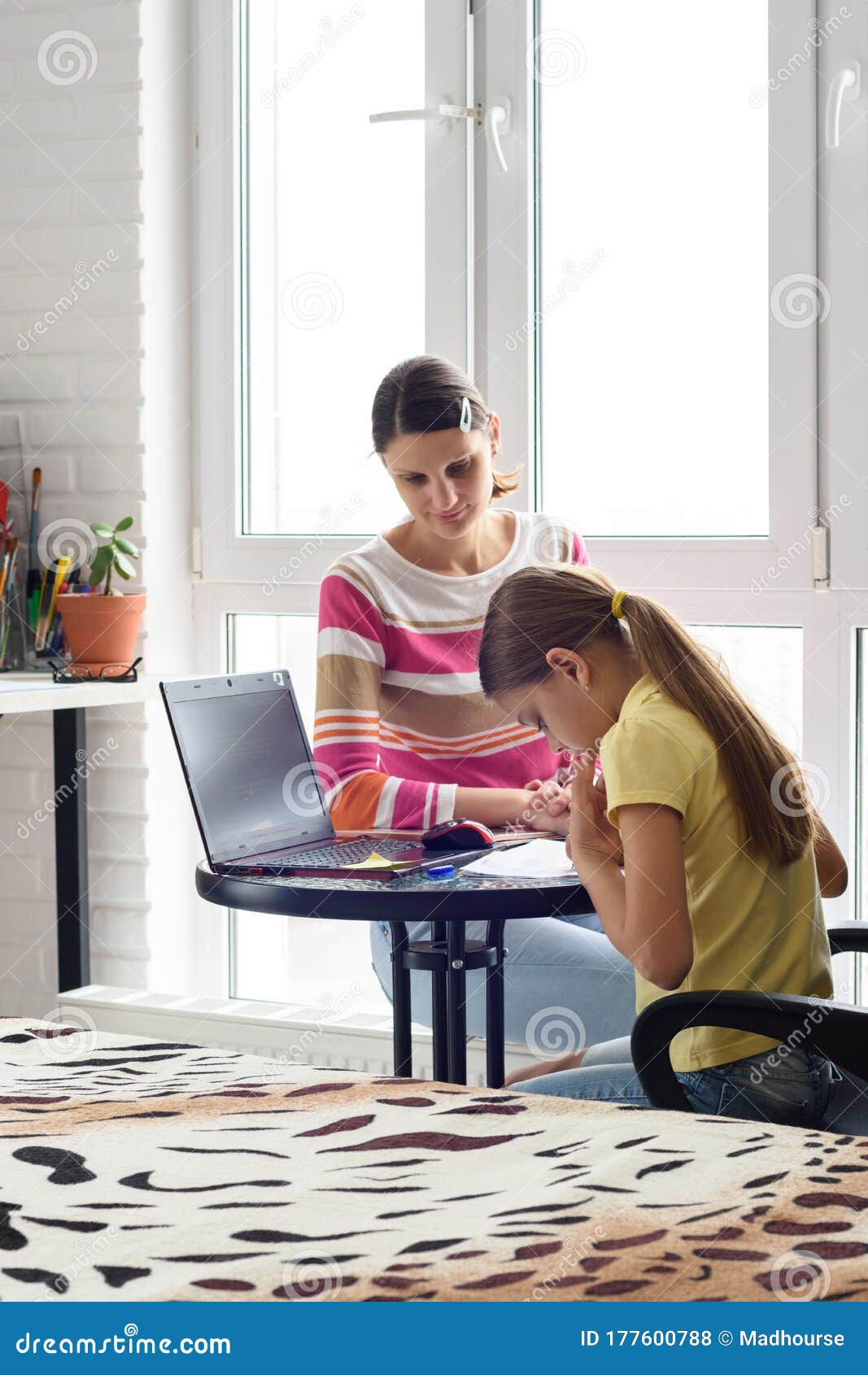 The Tutor at Home Teaches a Primary School Child Stock Photo - Image of ...