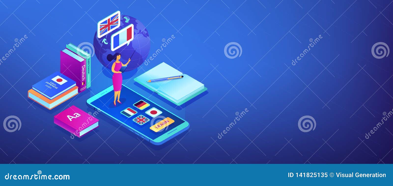 Online Language School Isometric 3D Banner Header. Stock Vector ...