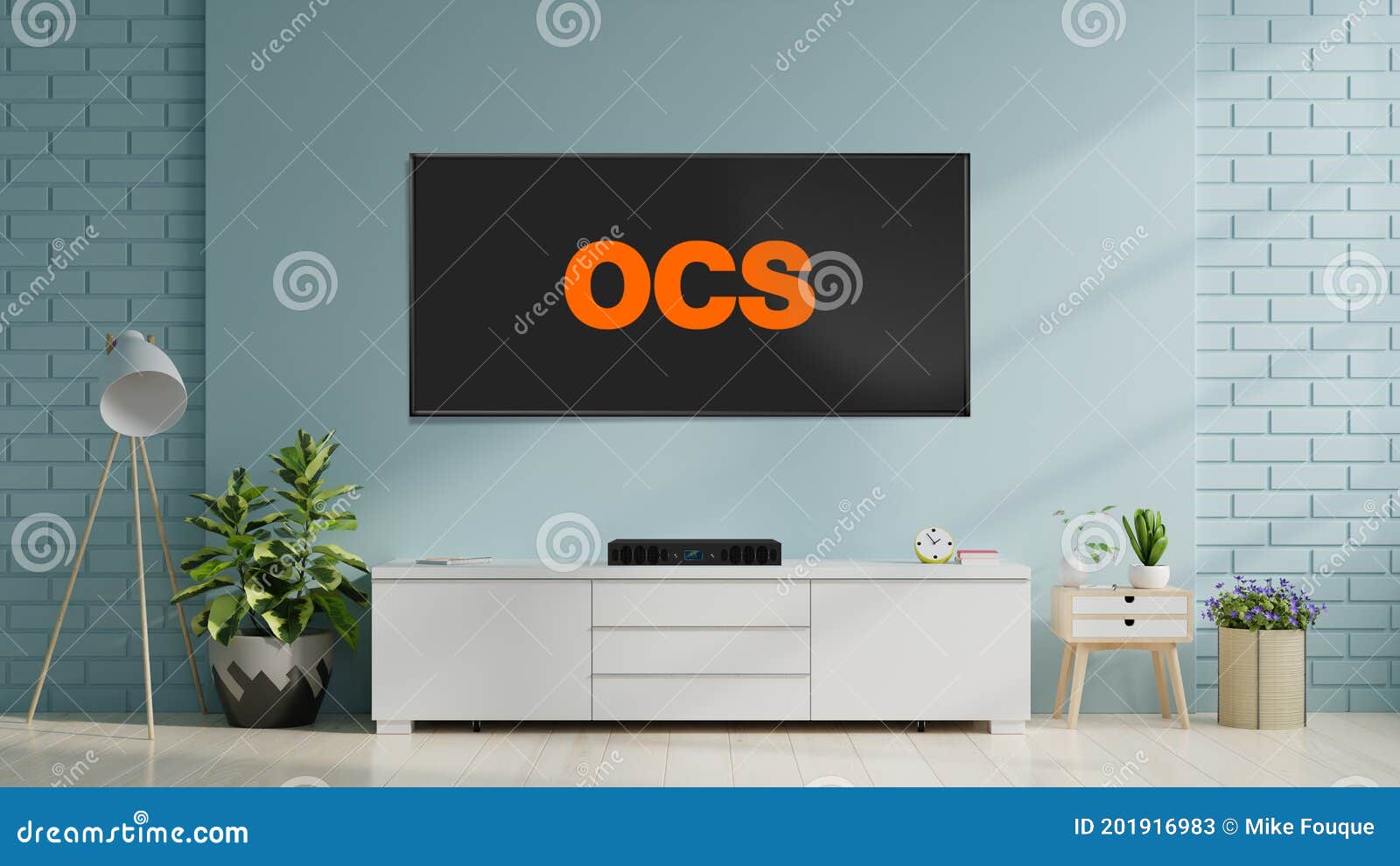 Modern Living Room and Television with OCS Logo on Flat Screen ...