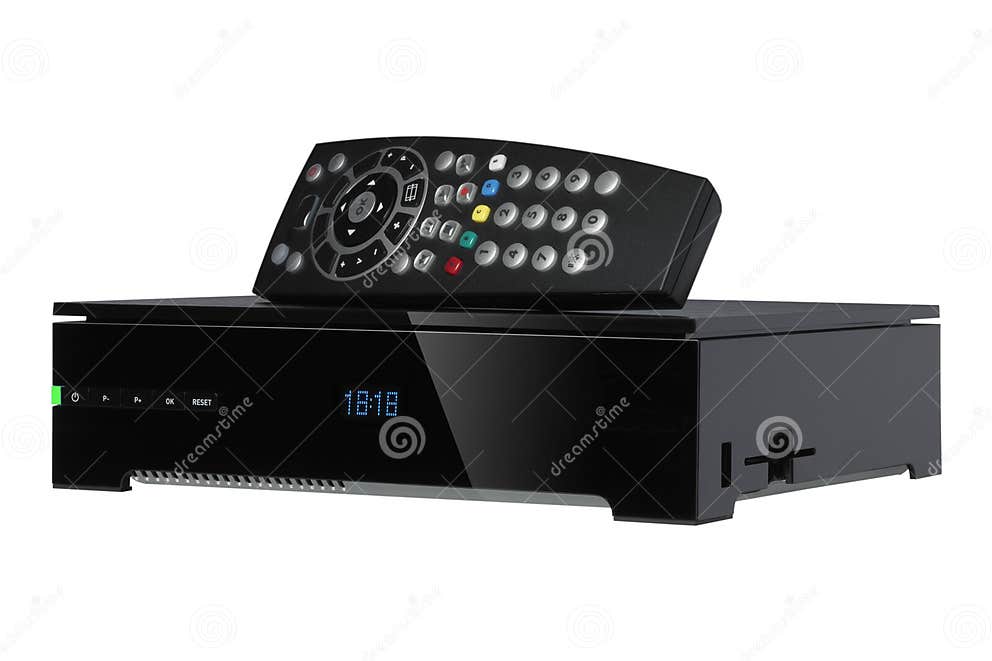 Tv Decoder and Remote Control Isolated on White Background. Receiver ...