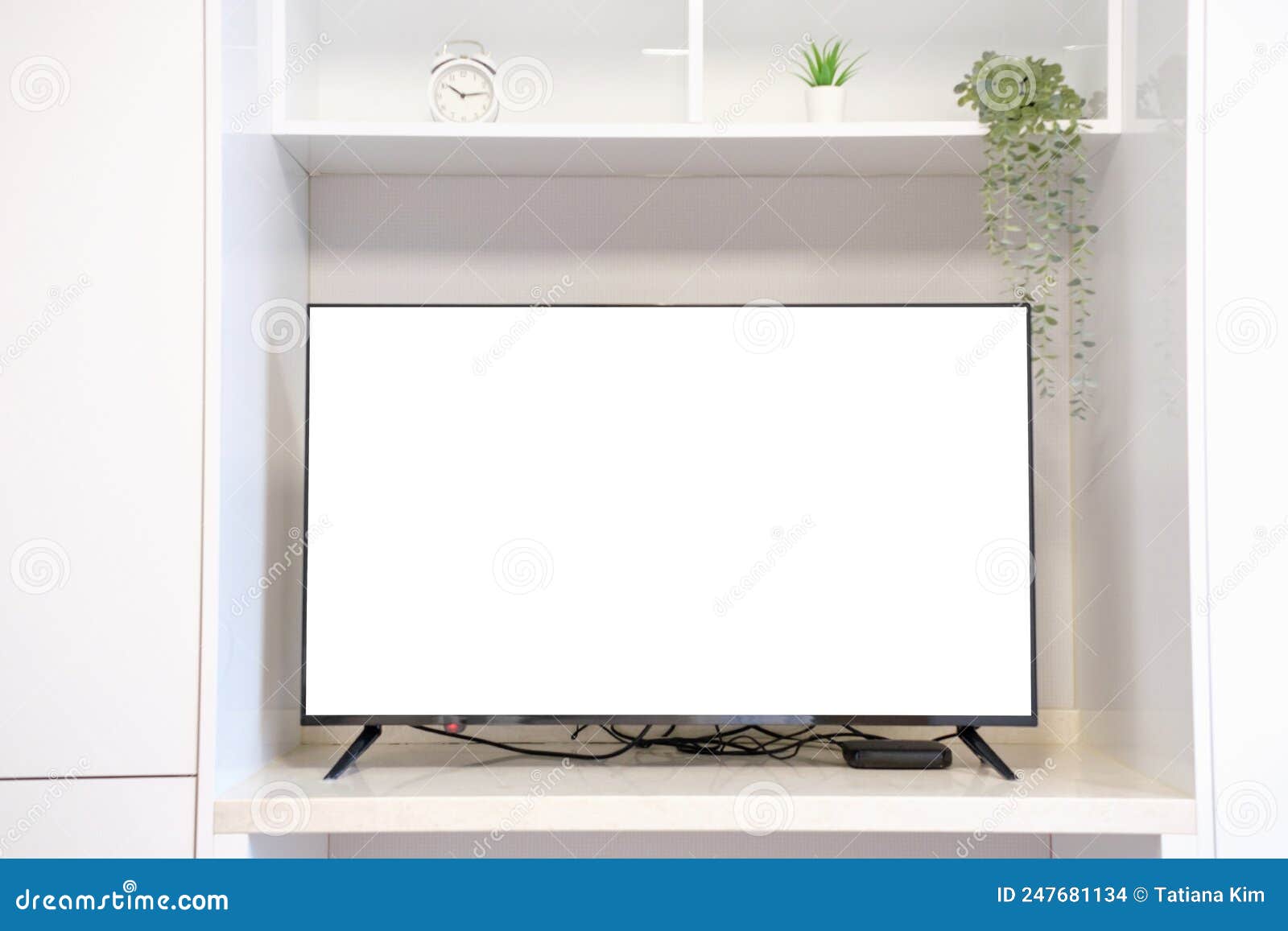 TV with Empty White Screen in Bright Room Close-up. Stock Photo - Image ...