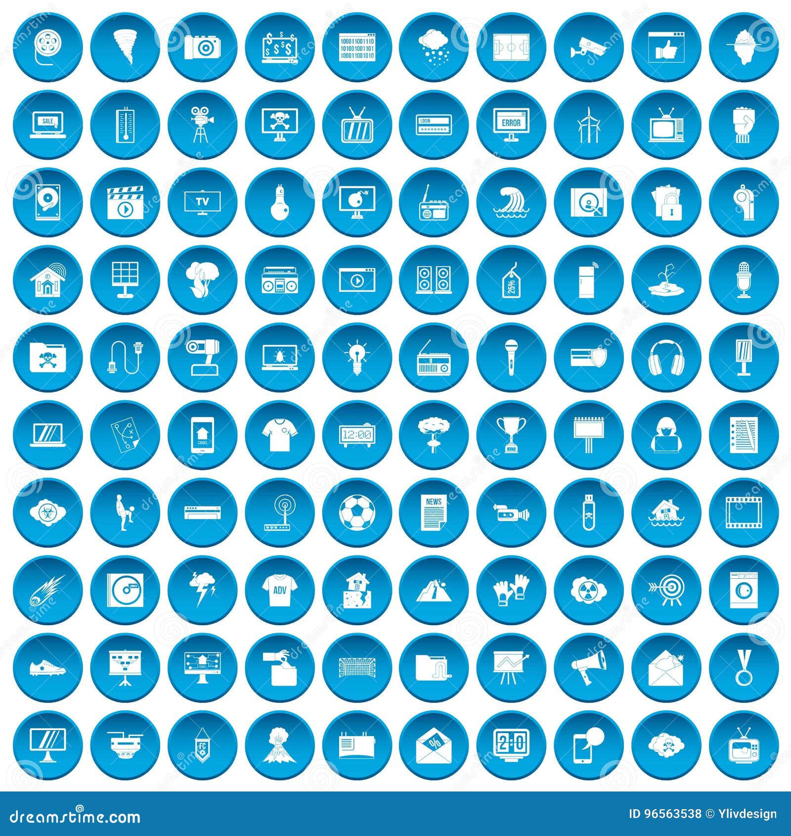 100 TV icons set blue stock vector. Illustration of collection - 96563538