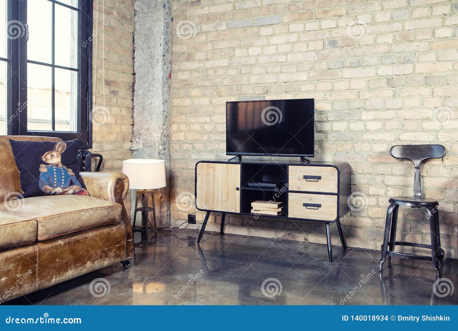 TV in the Interior in Retro Loft Style on the Bedside Table Stock Photo ...