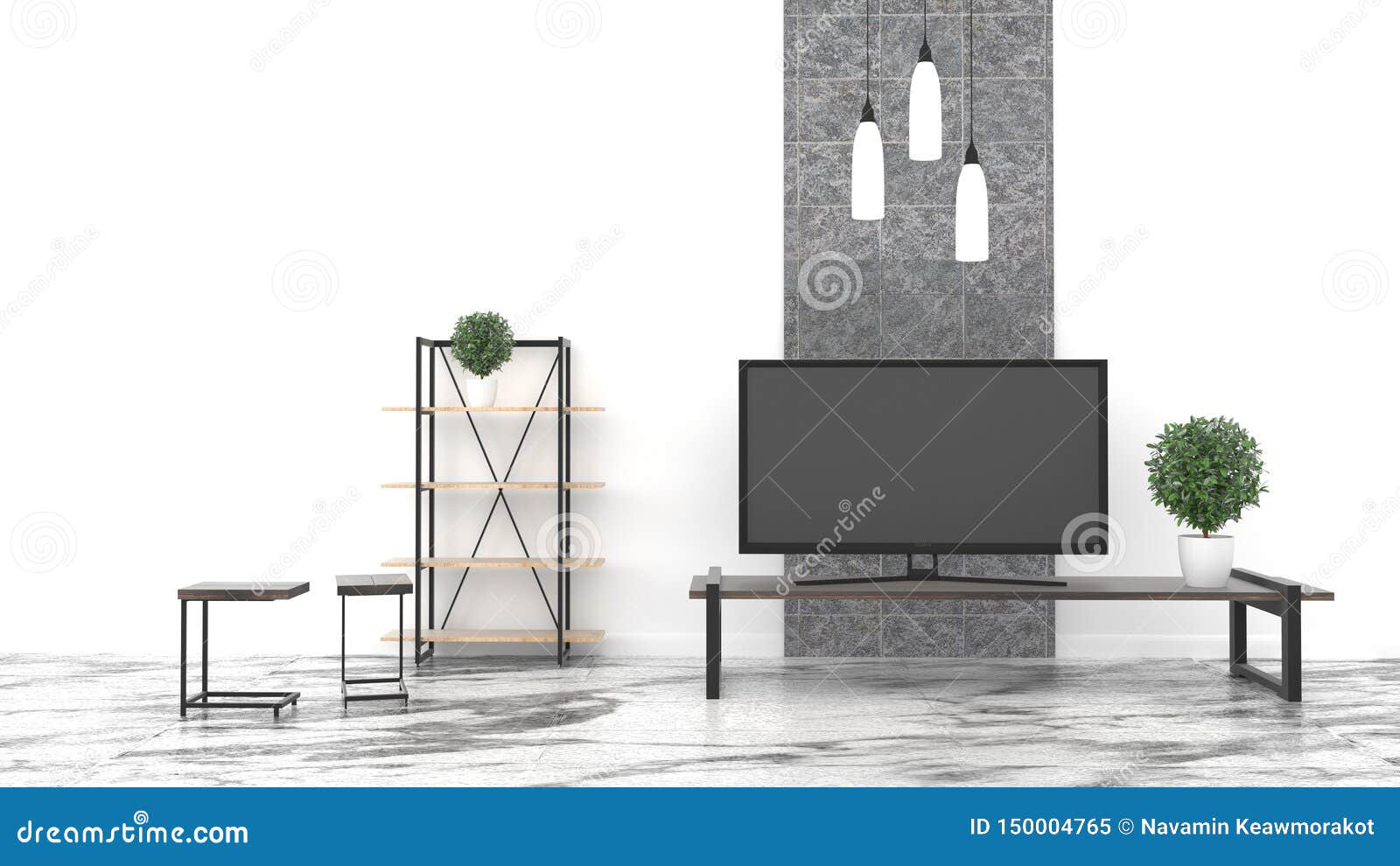 TV, Modern Empty Room Interior Empty White Wall on Floor Granite. 3D ...