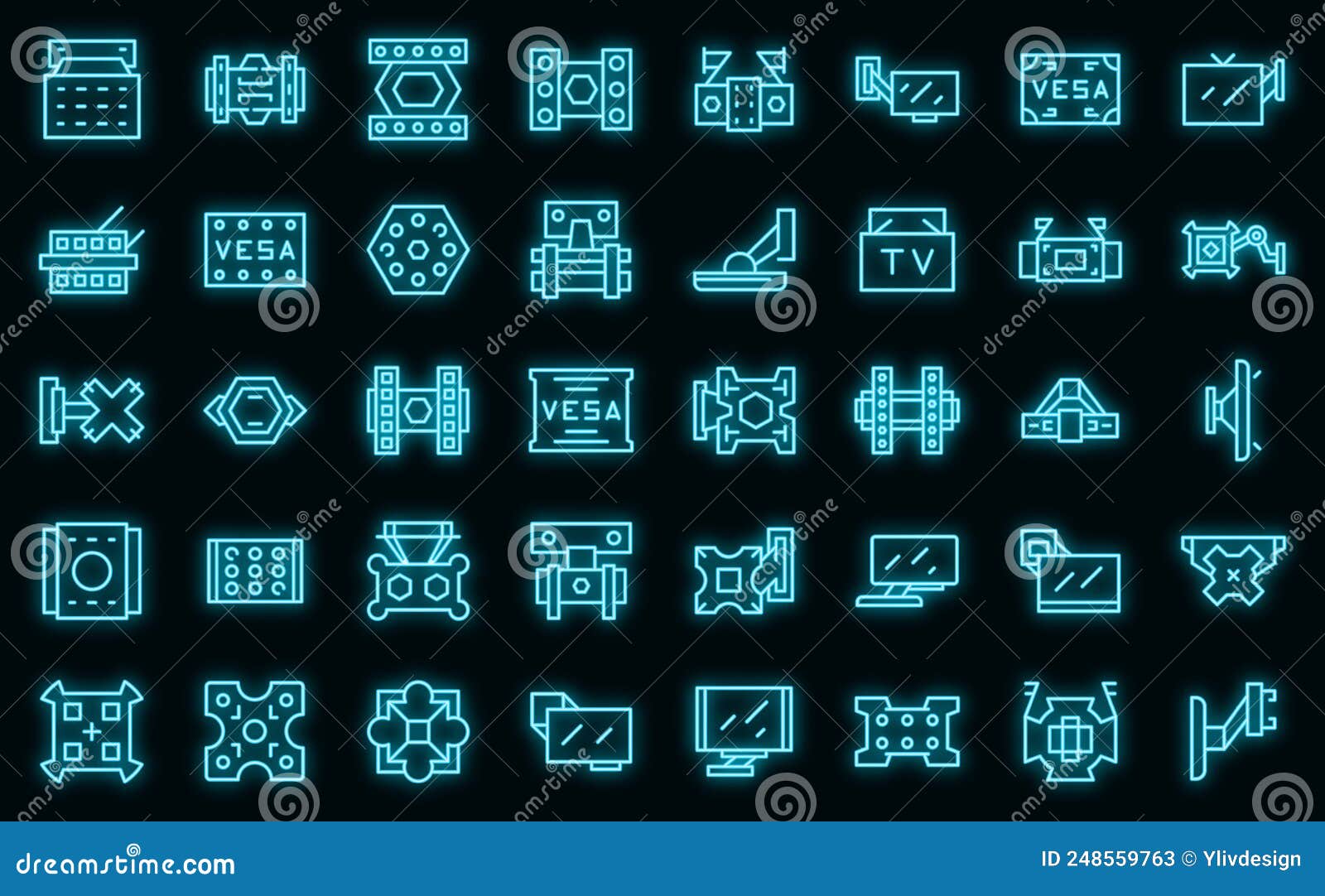 TV Mount Icons Set Outline Vector. Wall Bracket Vector Neon Stock Image ...