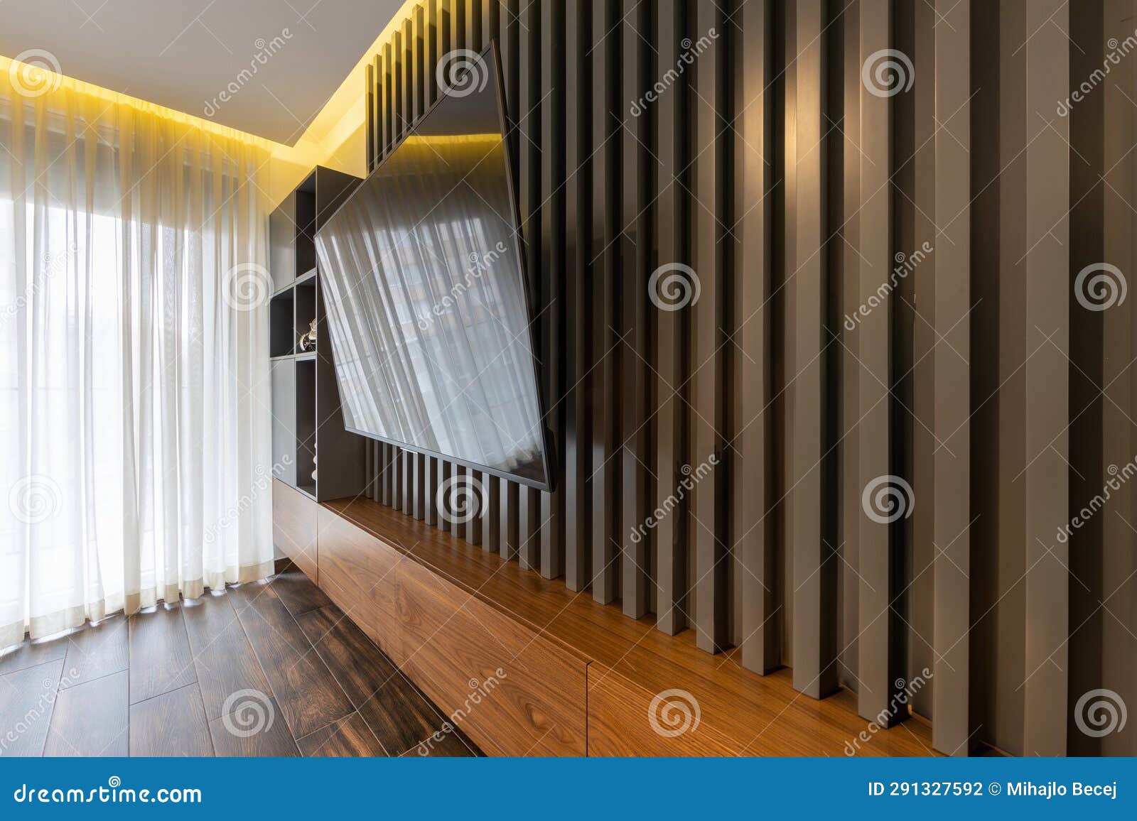 Tv Mounted on Wood Slat Wall Stock Photo - Image of apartment ...