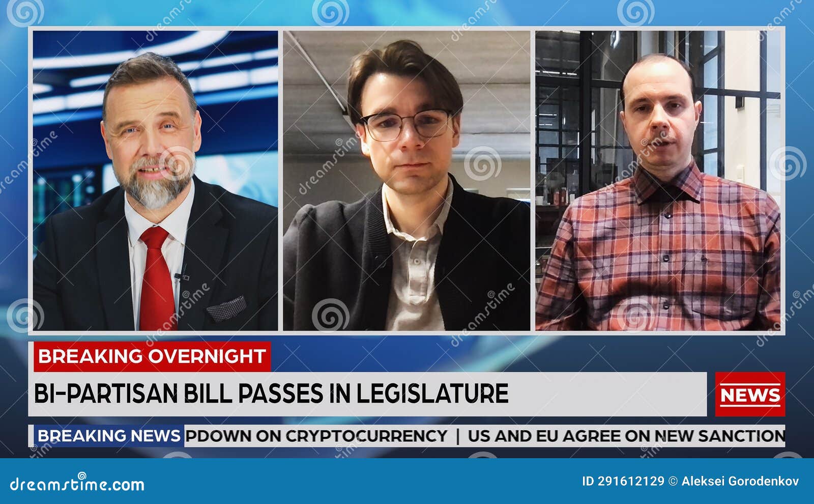 TV News Program Split Screen Montage. Presenter Interviews Two Guest ...