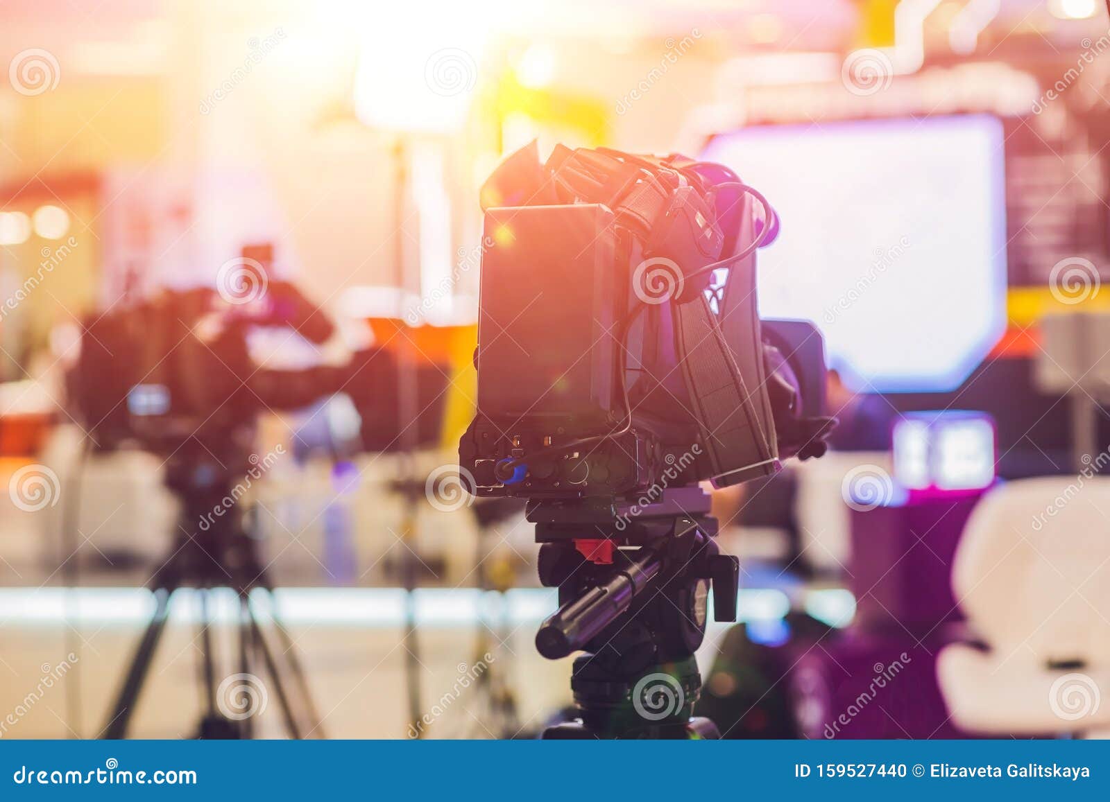 TV NEWS Studio with Camera and Lights Stock Photo - Image of ...