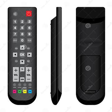 TV Remote Control Black Front, Side and Back View on White Background ...