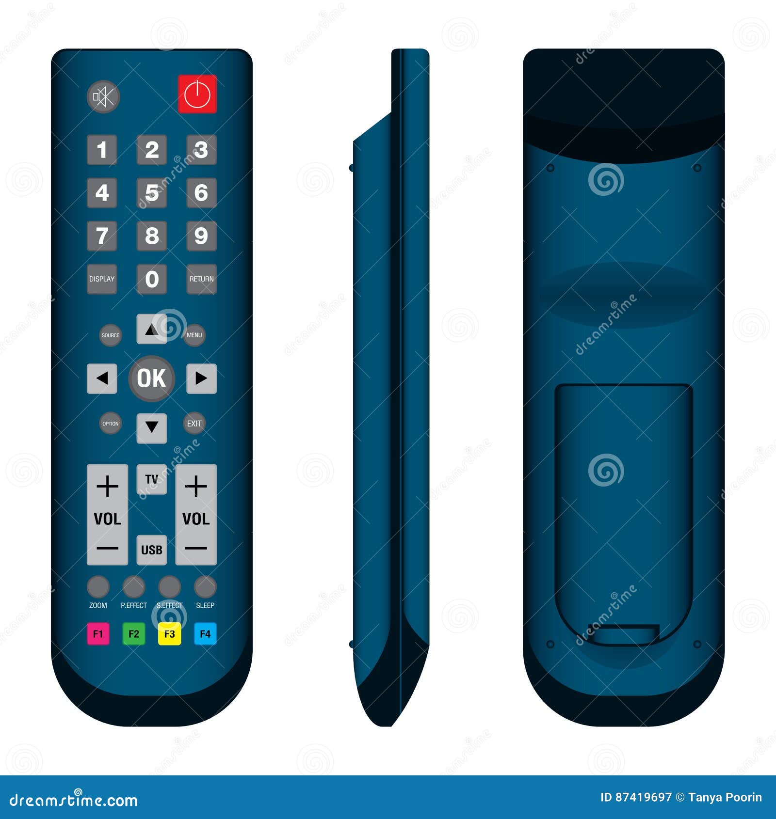 TV Remote Control in Dark Blue Front, Side and Back View on White ...