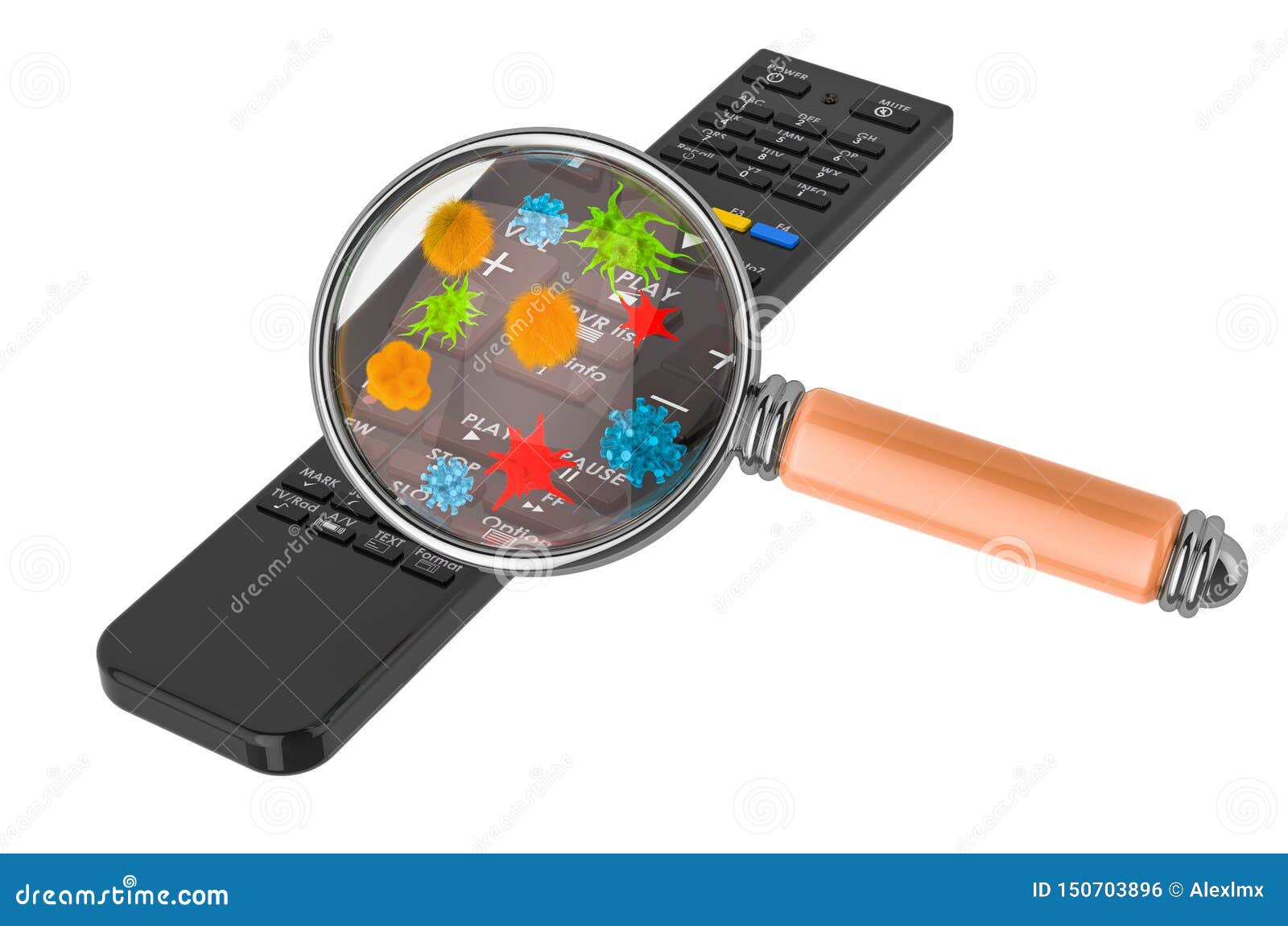 TV Remote Control with Germs and Bacterias Under Magnifying Glass. 3D ...
