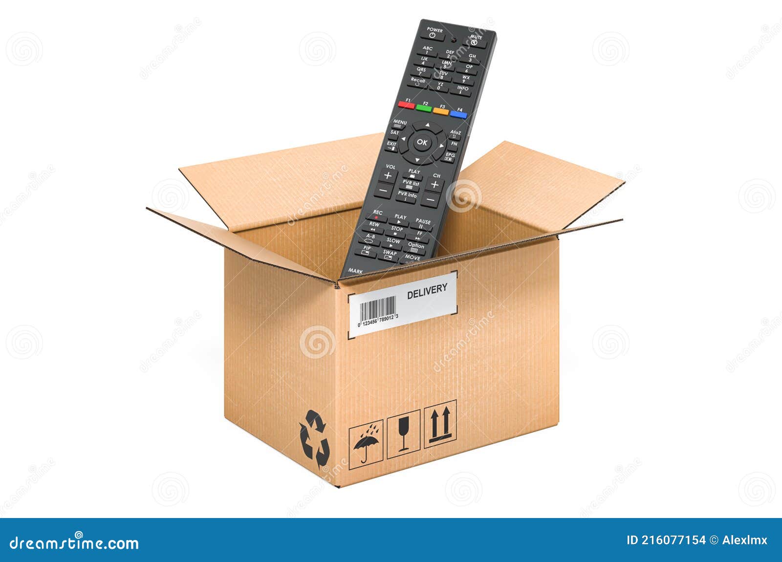 TV Remote Control Inside Cardboard Box, Delivery Concept. 3D Rendering ...