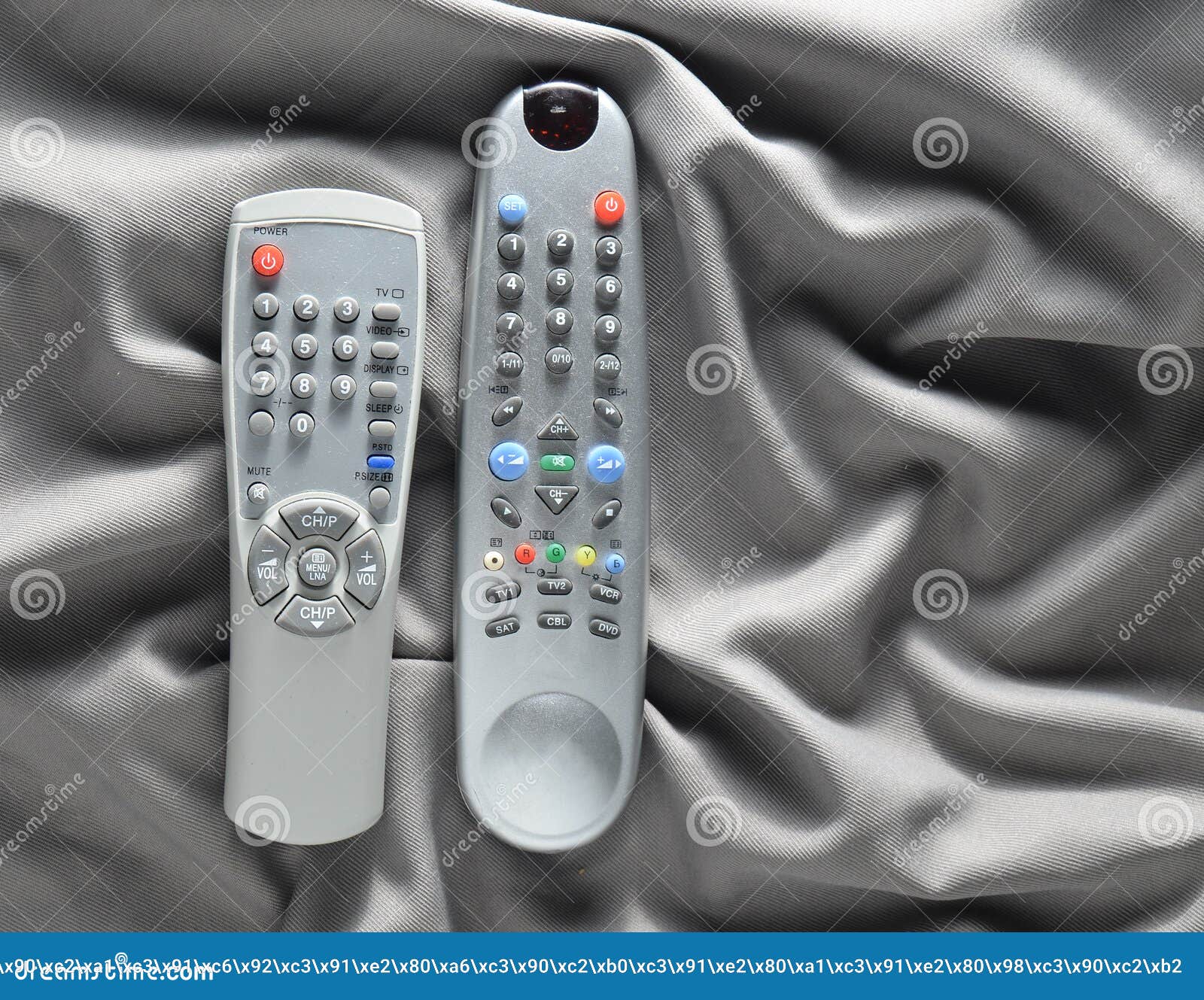TV Remote Controls on a Gray Silk Background. Stock Image - Image of ...