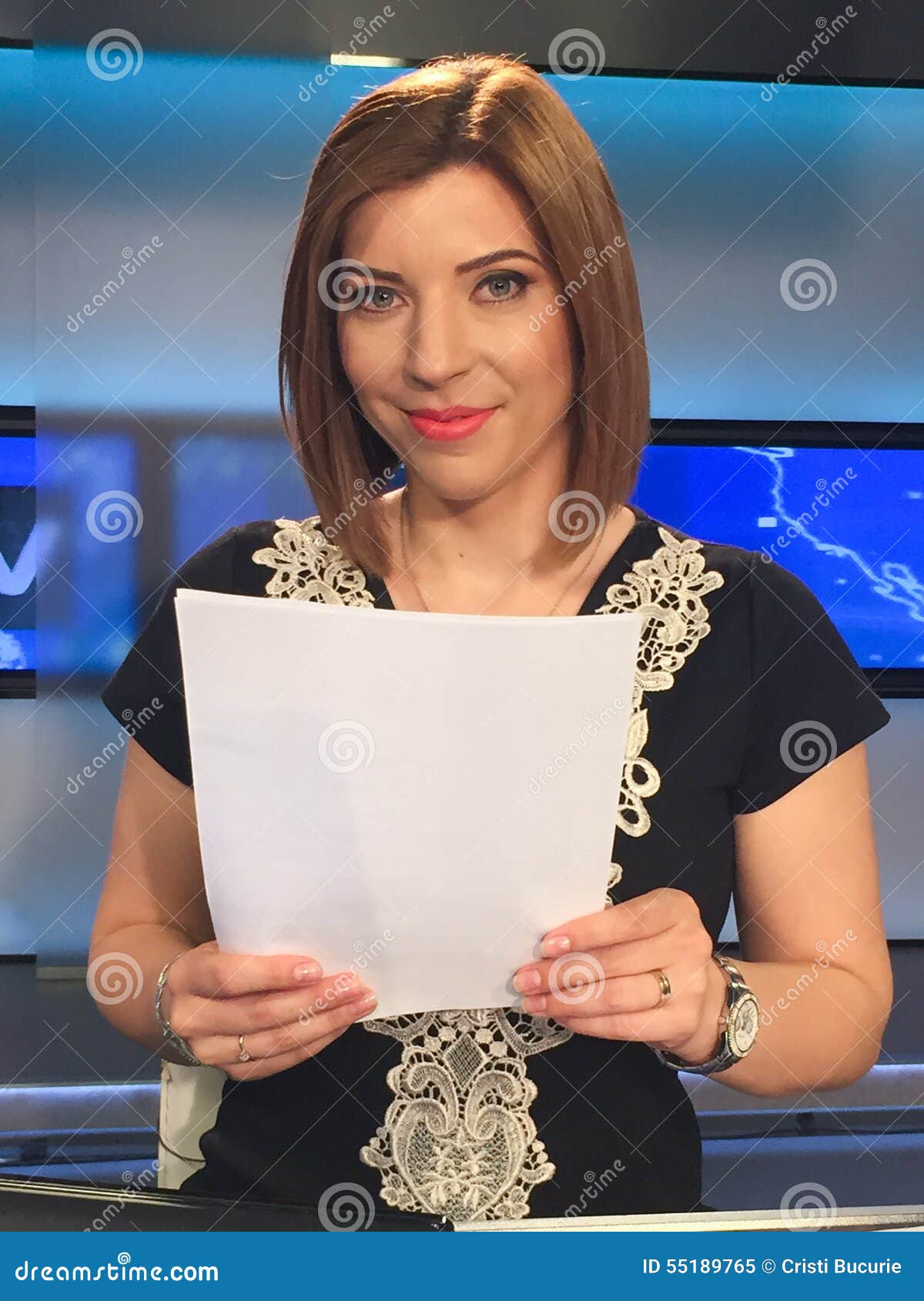 TV Reporter at the News Desk Stock Image - Image of headline, live ...