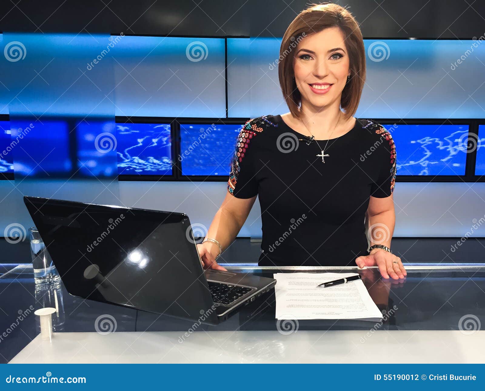 TV Reporter at the News Desk Stock Photo - Image of presenting ...