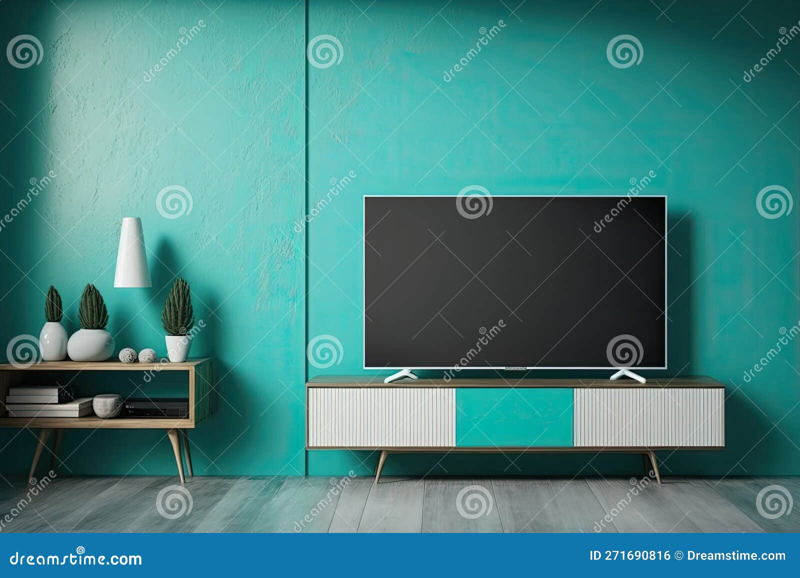 TV Screen on the Turquoise Wall in Modern Living Room. Illustration ...