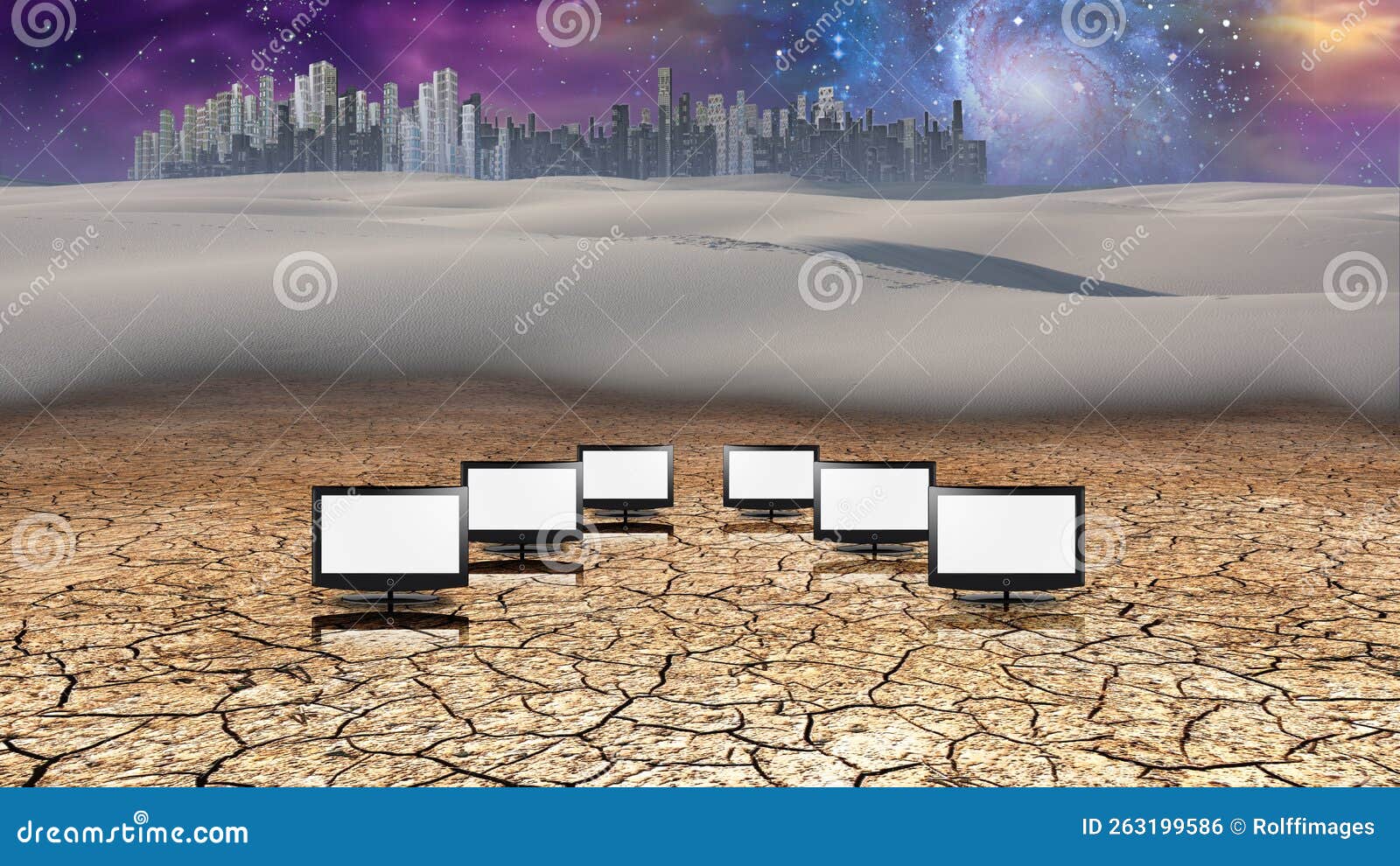 TV screens in desert stock illustration. Illustration of show - 263199586