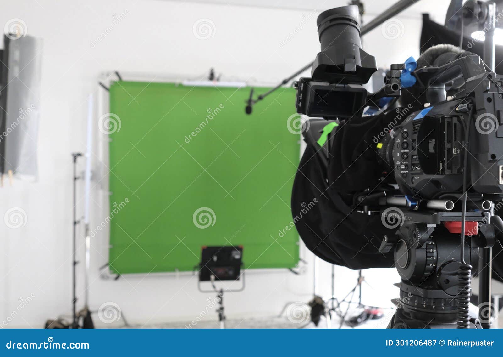 TV Studio with Green Screen, Lights, and Camera Stock Image - Image of ...