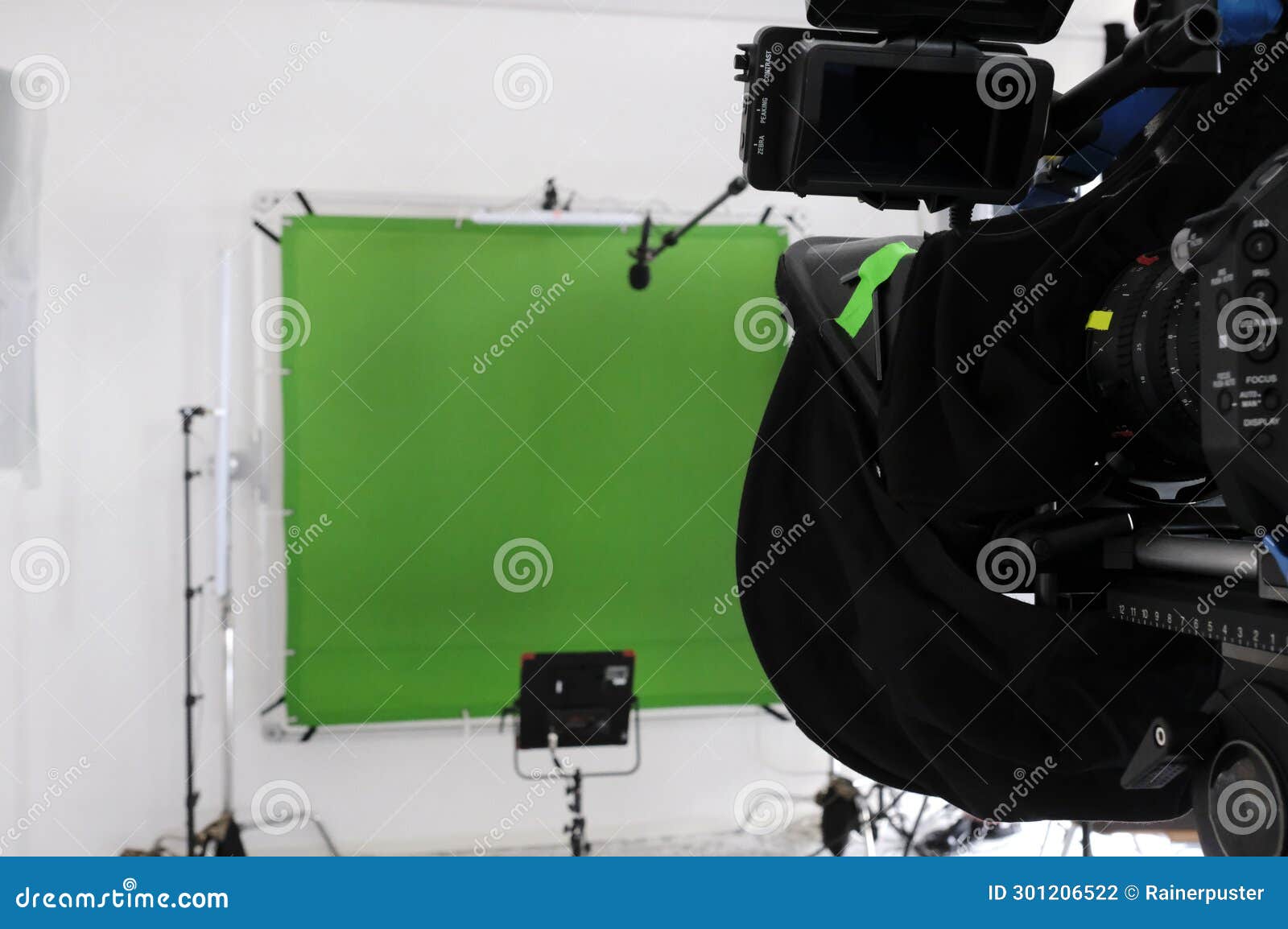 TV Studio with Green Screen, Lights, and Camera Stock Photo - Image of ...