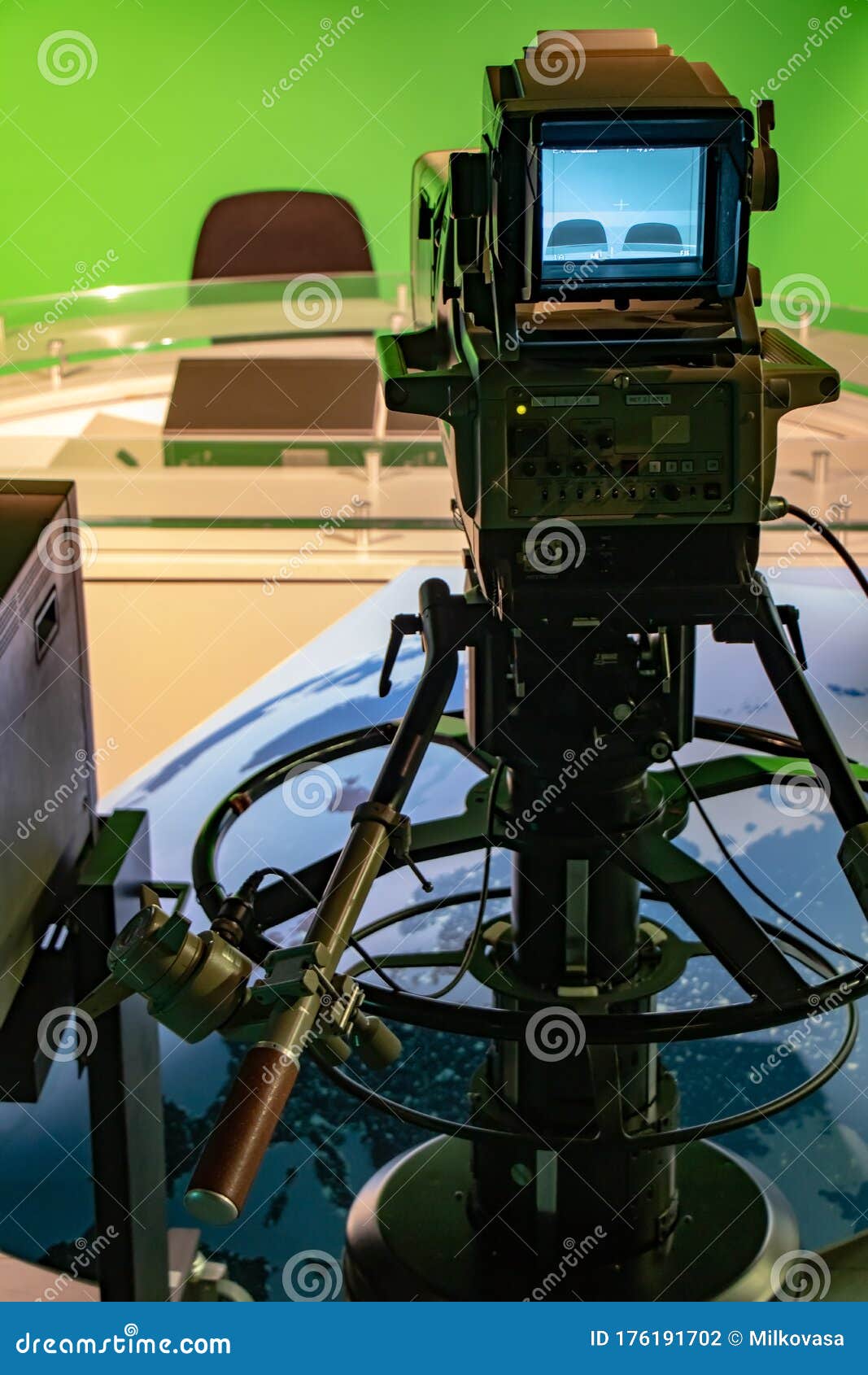 TV Studio with Professional Camera Aiming at Empty Seat Stock Photo ...
