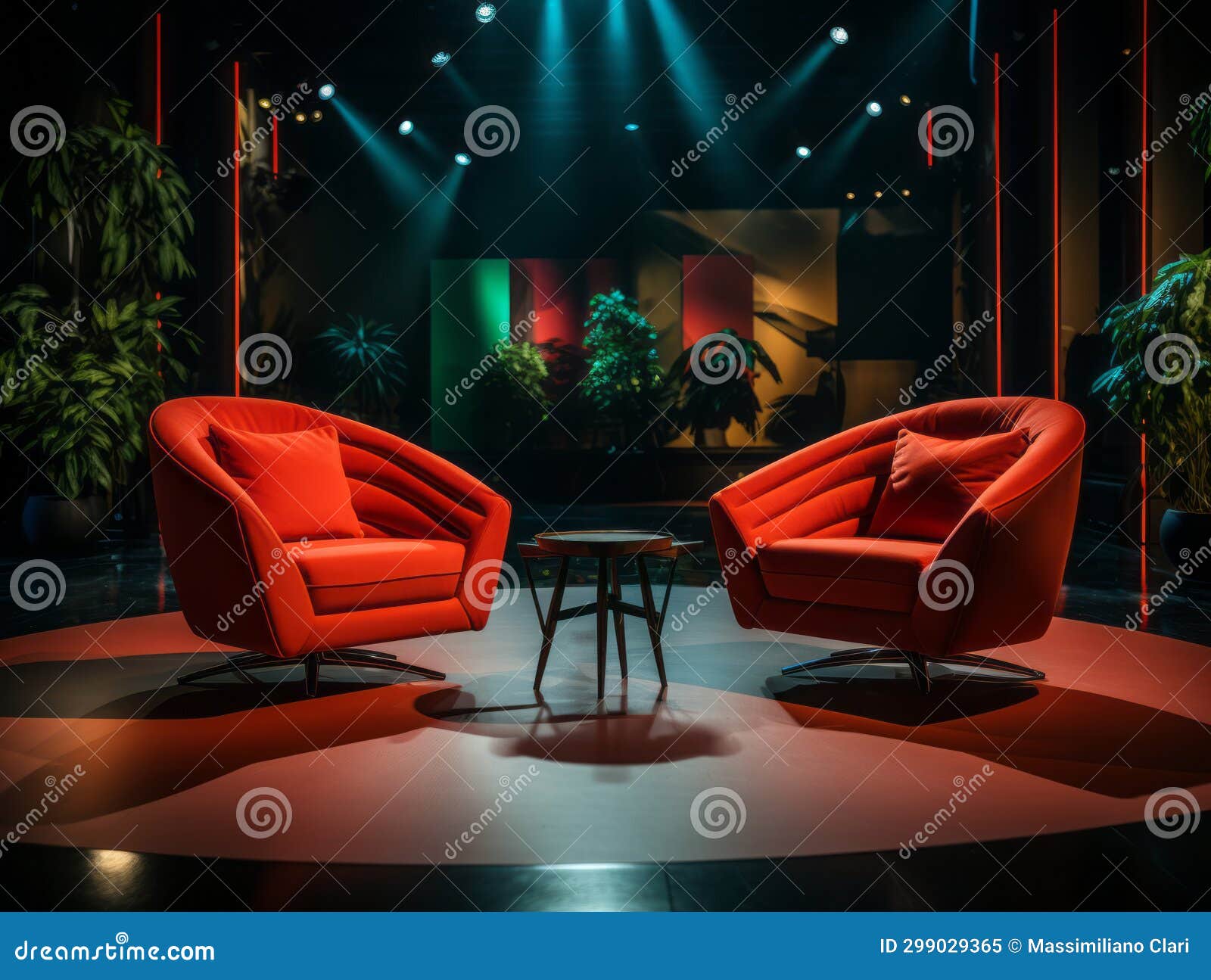 A TV Studio Set Ready for an Interview, Elegant Chairs and Backdrop ...