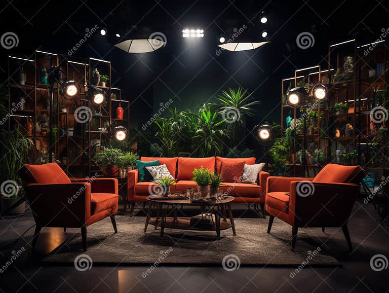 A TV Studio Set Ready for an Interview, Elegant Chairs and Backdrop ...
