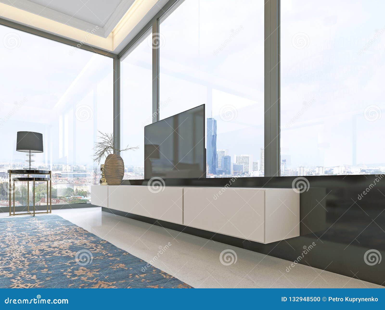 TV Unit Beige with Black Accents with Retractable TV and a Large Window ...