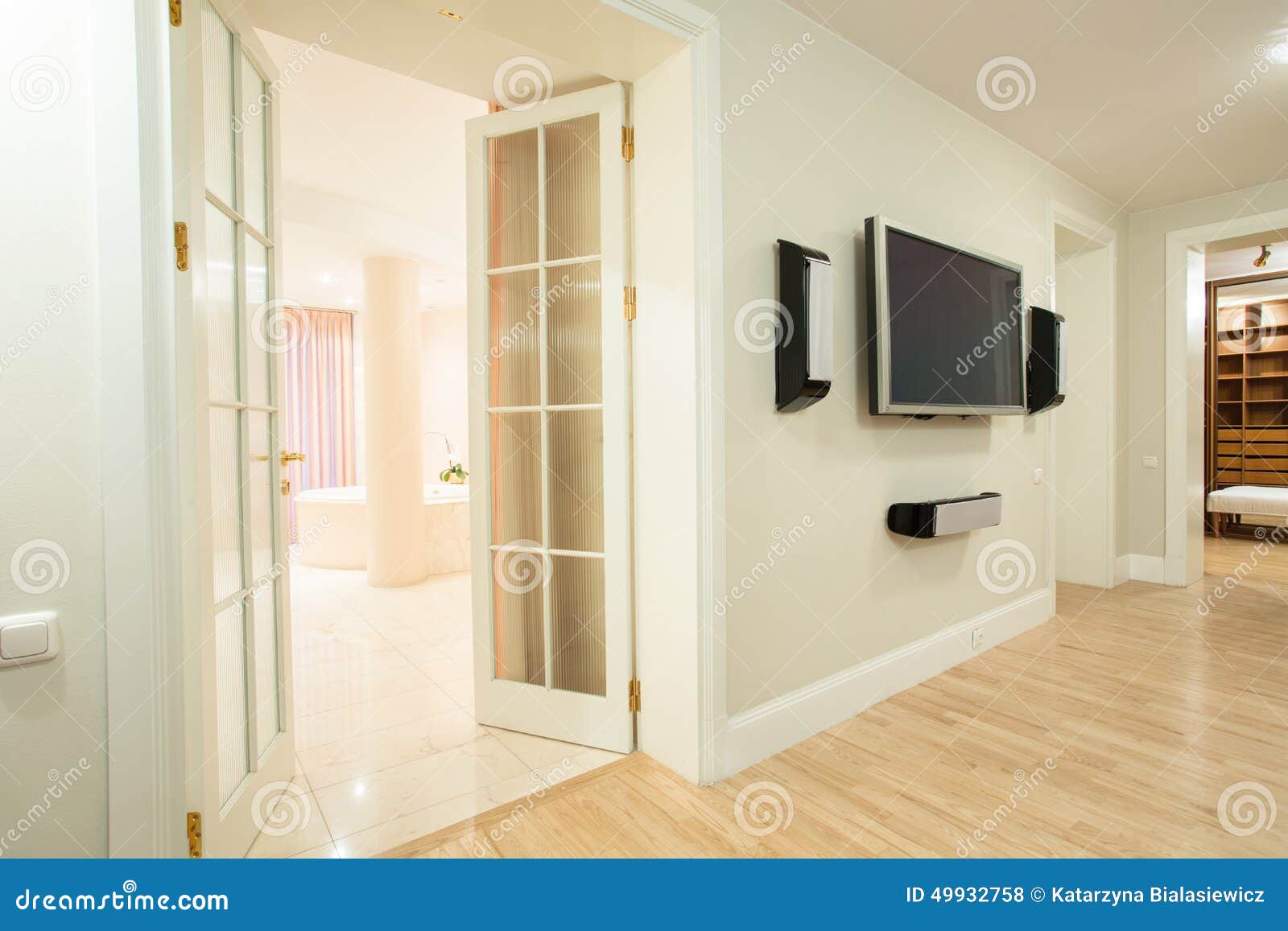 Tv on the Wall Inside House Stock Photo - Image of floor, interior ...
