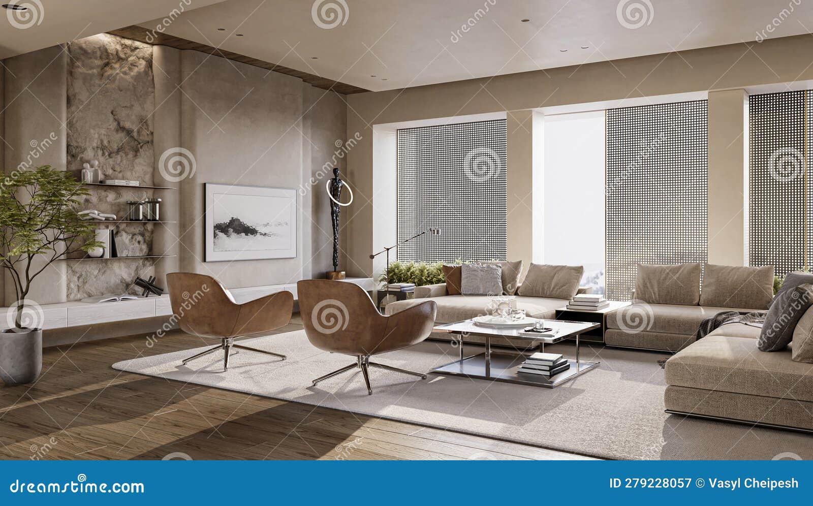 TV Wall in Modern Interior Design with Stone Wall Features, 3d ...