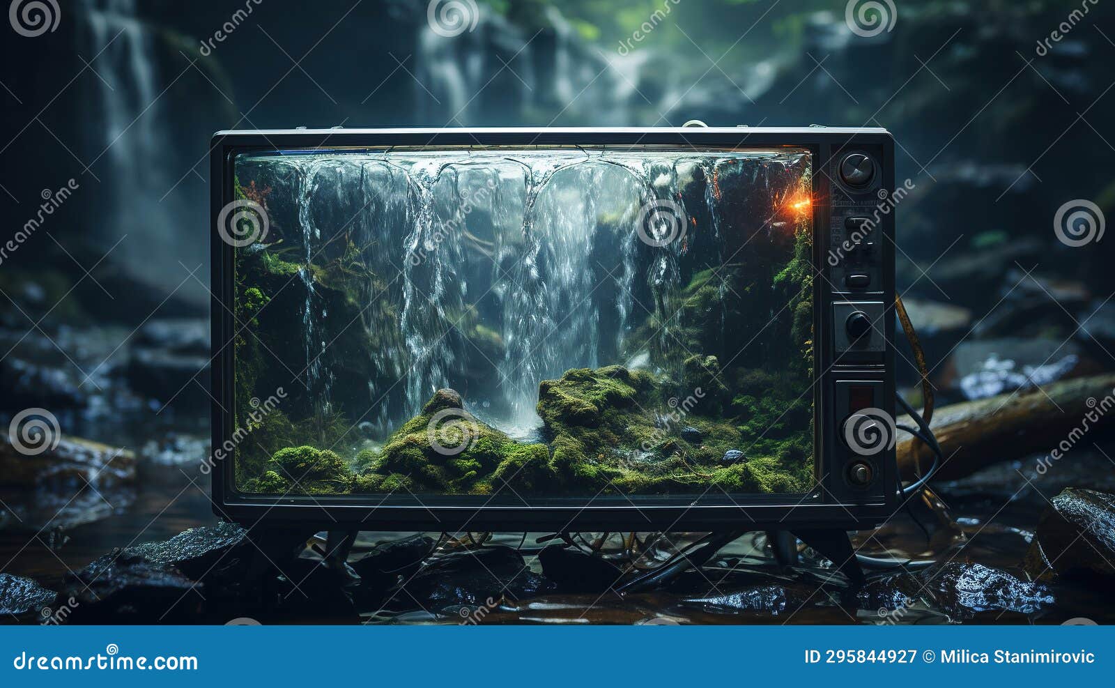 TV In The Wilderness: Majestic Waterfalls Projected In The Forest Stock ...