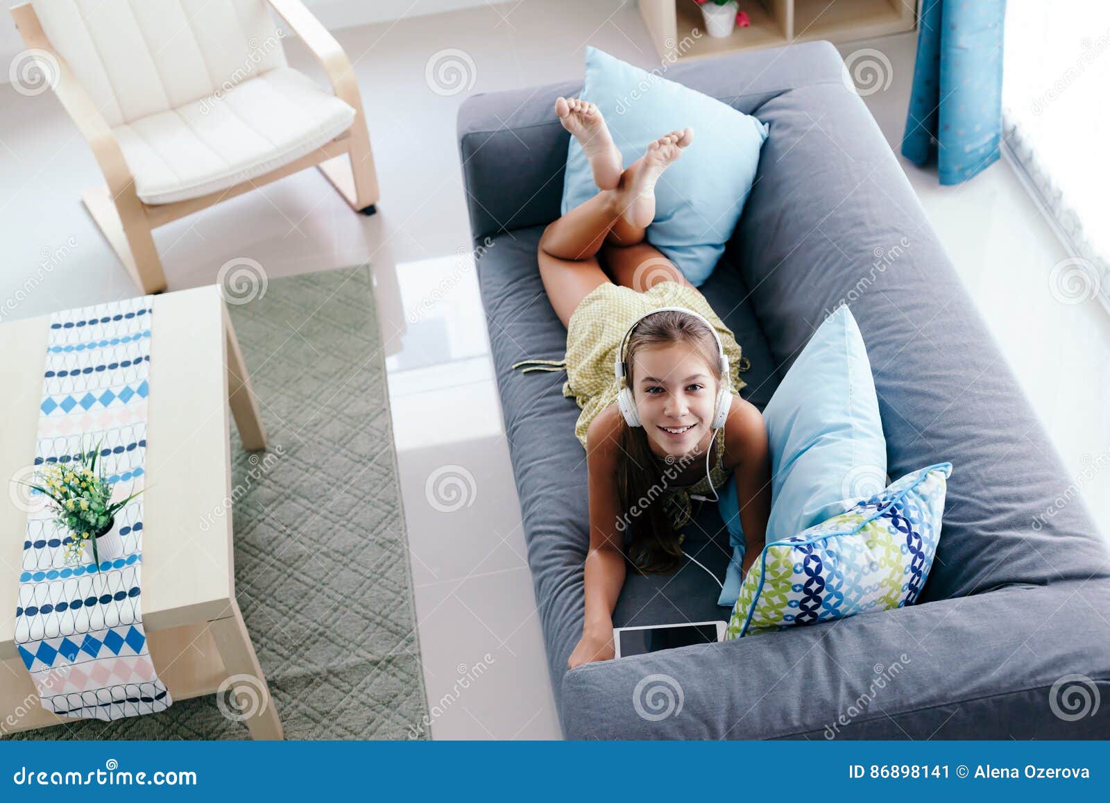 Tween Girl Relaxing On Couch At Home Stock Image Image Of Internet