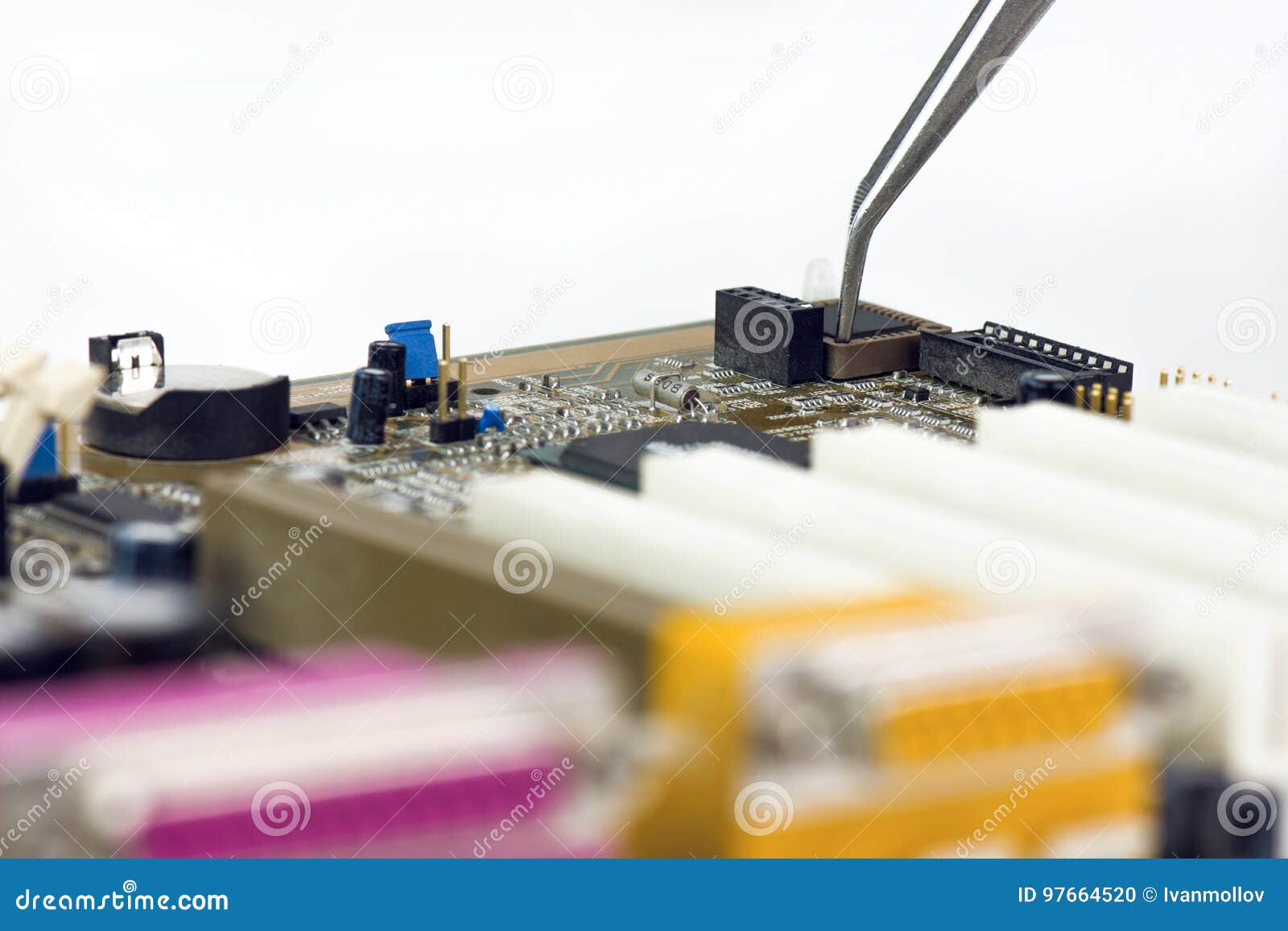 Tweezers Holding and Assembling Black Microchip Stock Photo - Image of ...