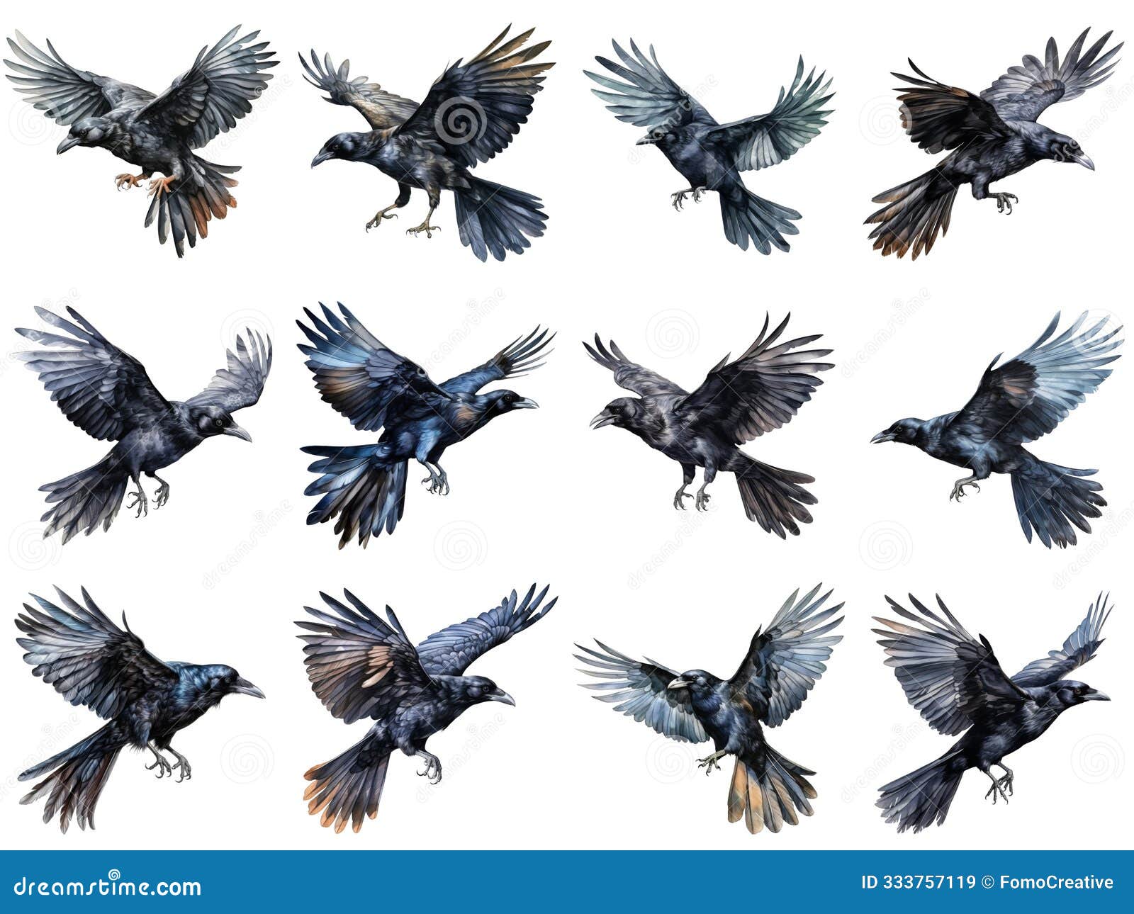 Twelve Black Crows in Flight with Spread Wings Stock Illustration ...