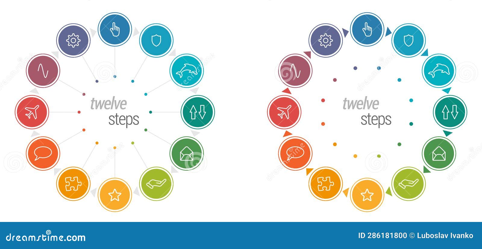 Twelve Circles Each Different Color, Connected with Triangle Arrows ...