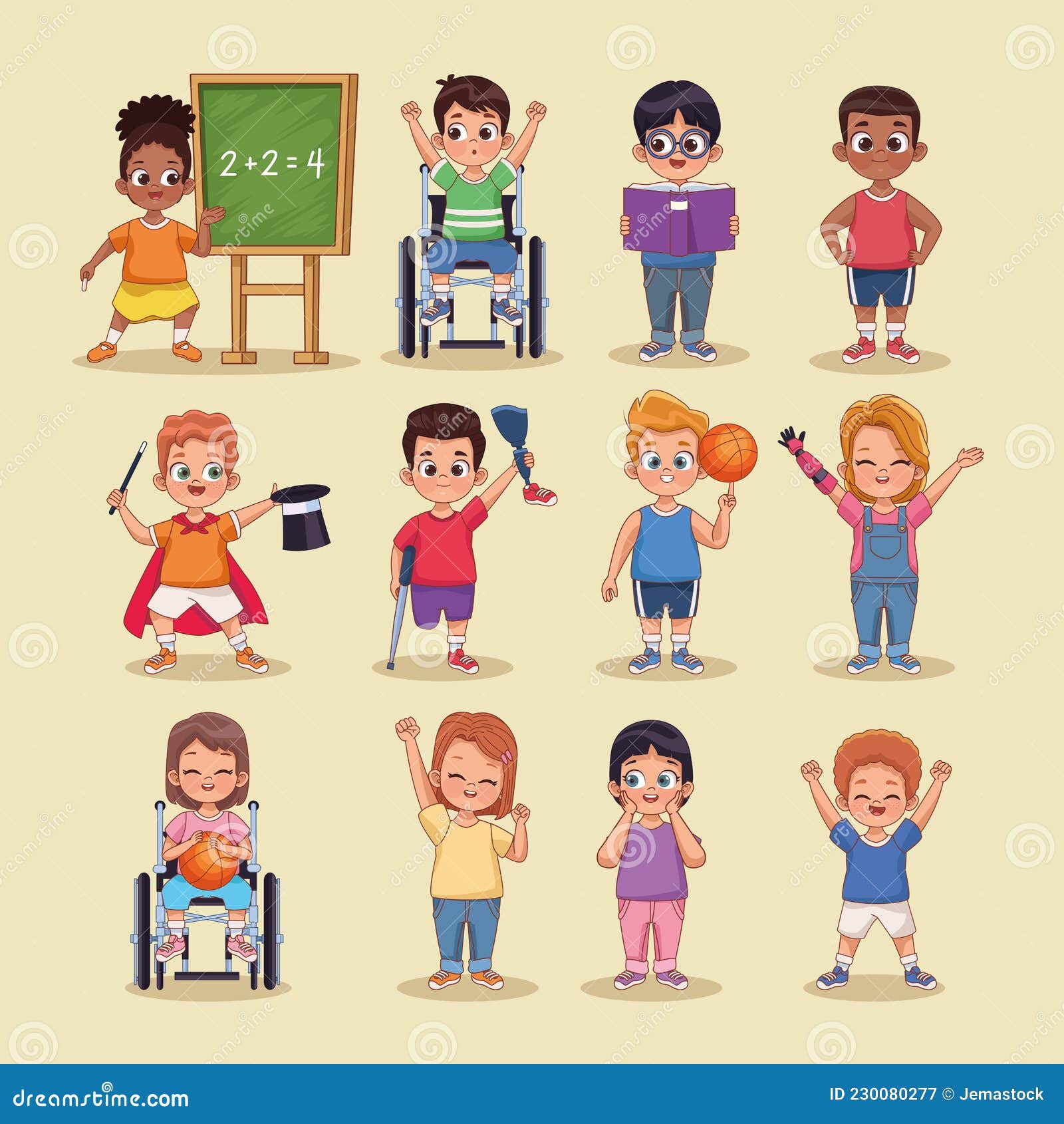 Disability Kids. Cute Handicapped Children With Crutches, Prosthetic ...