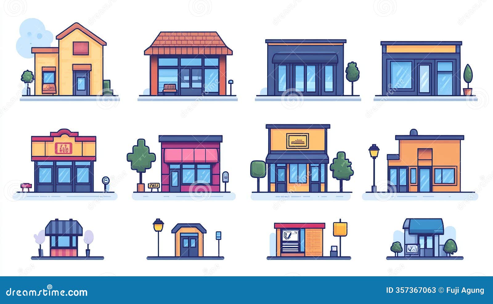 Twelve Diverse Storefront Illustrations in a Flat Cartoon Style ...