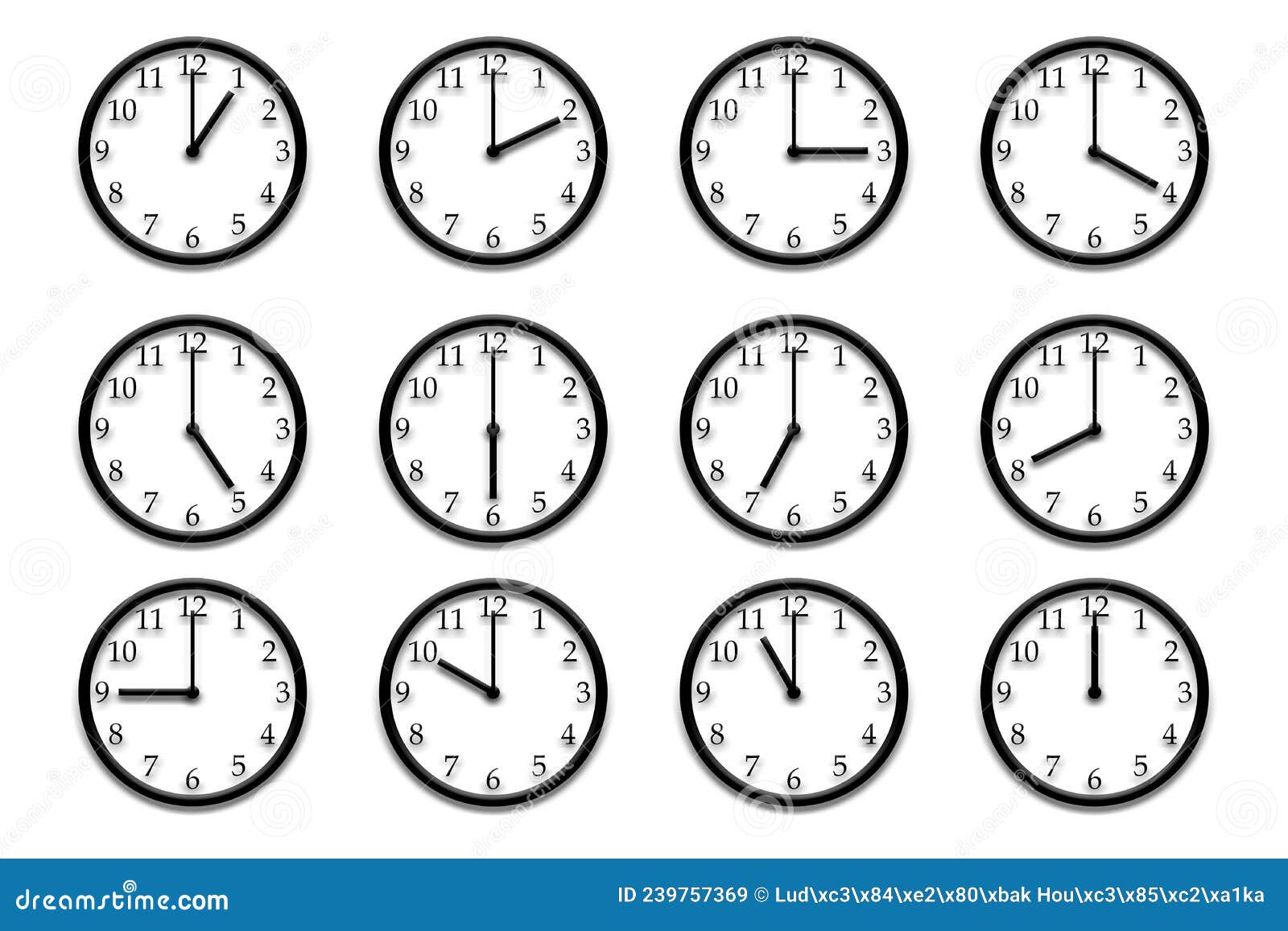 Twelve Embossed Wall Clocks, Each Showing a Different Full Hour of the ...