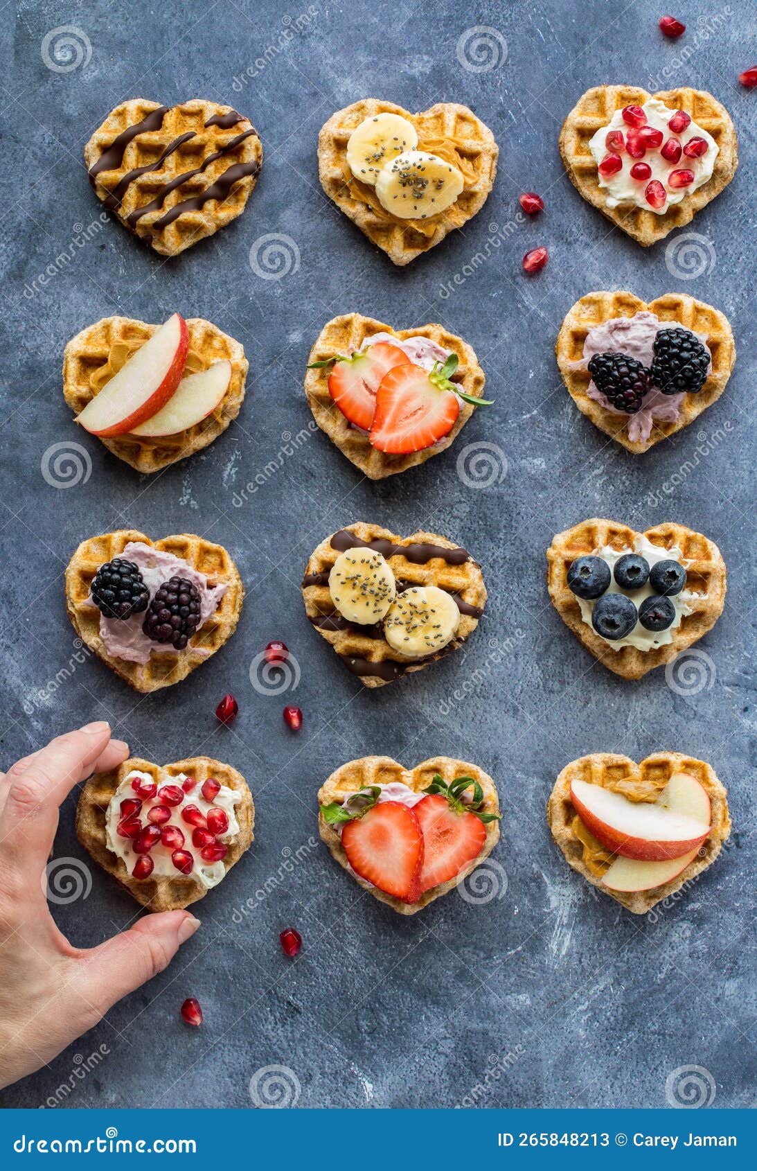 Twelve Mini Heart Shaped Waffles with Cream Cheese and Fruit Toppings ...