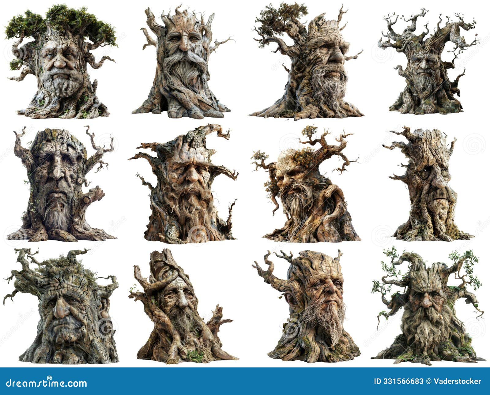 Twelve Tree Spirits with Human Faces and Beards Stock Illustration ...