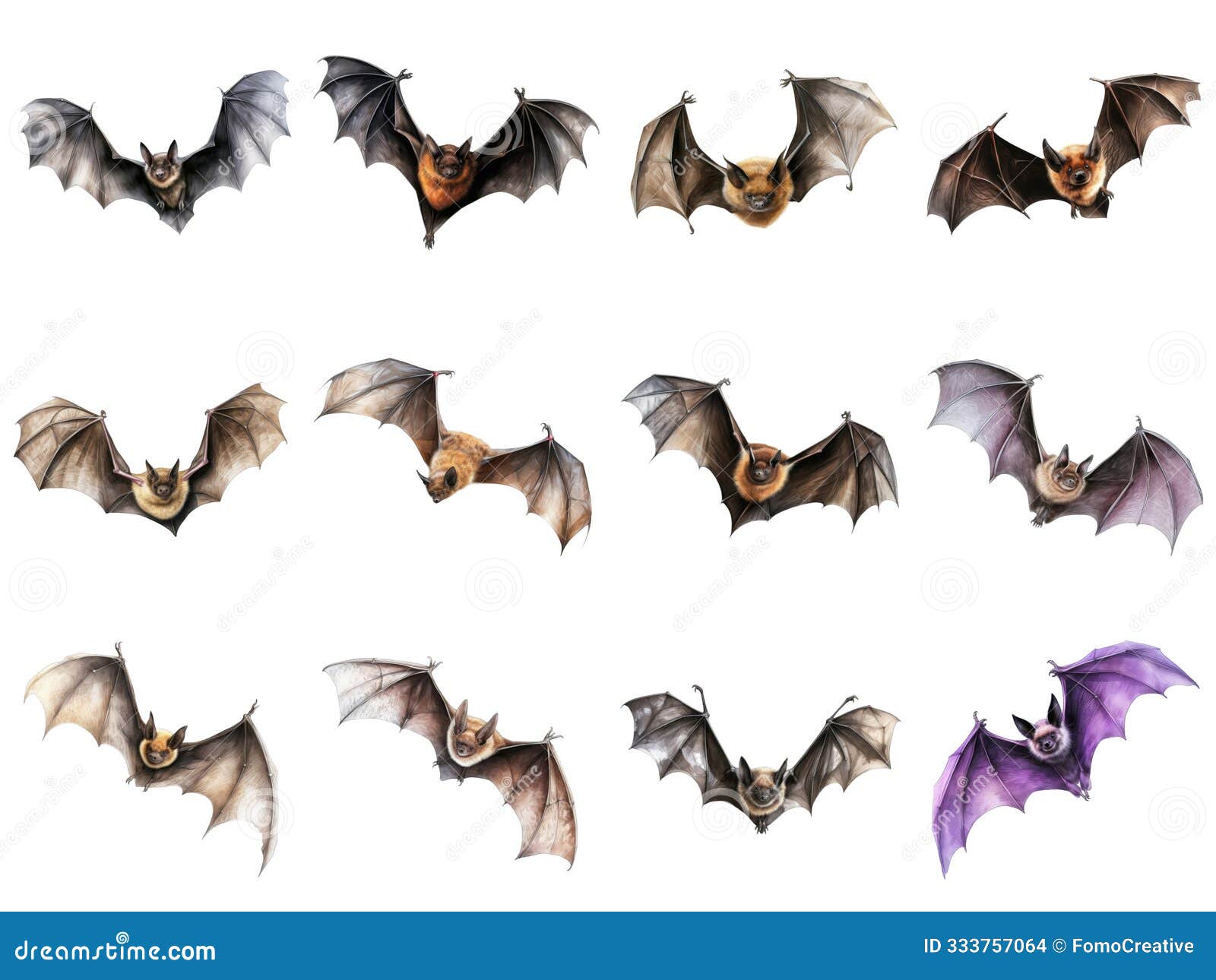 Twelve Watercolor Bats in Flight with Spread Wings Stock Illustration ...