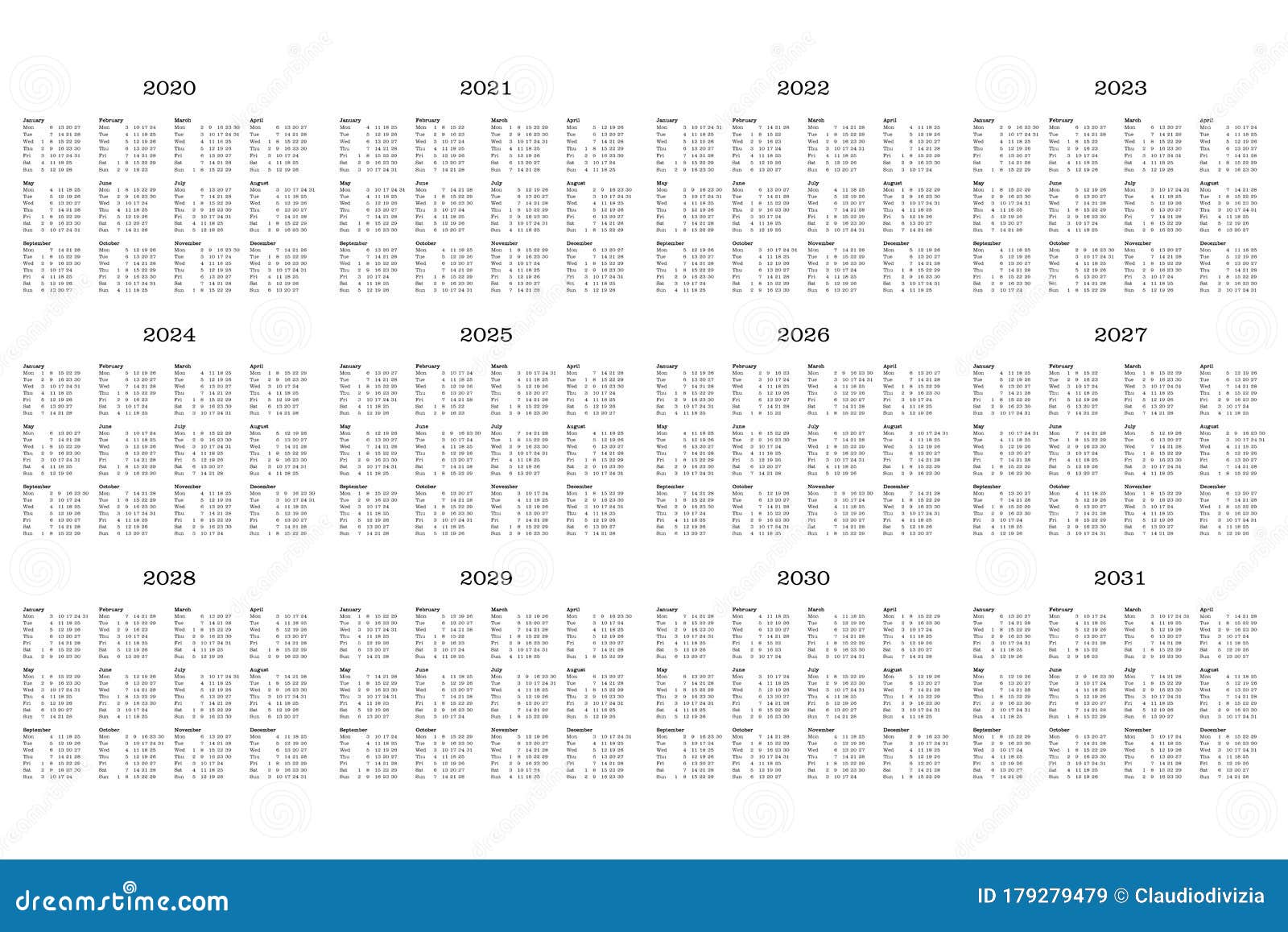 Twelve Years Calendar, 2020 To 2031 Stock Illustration - Illustration ...