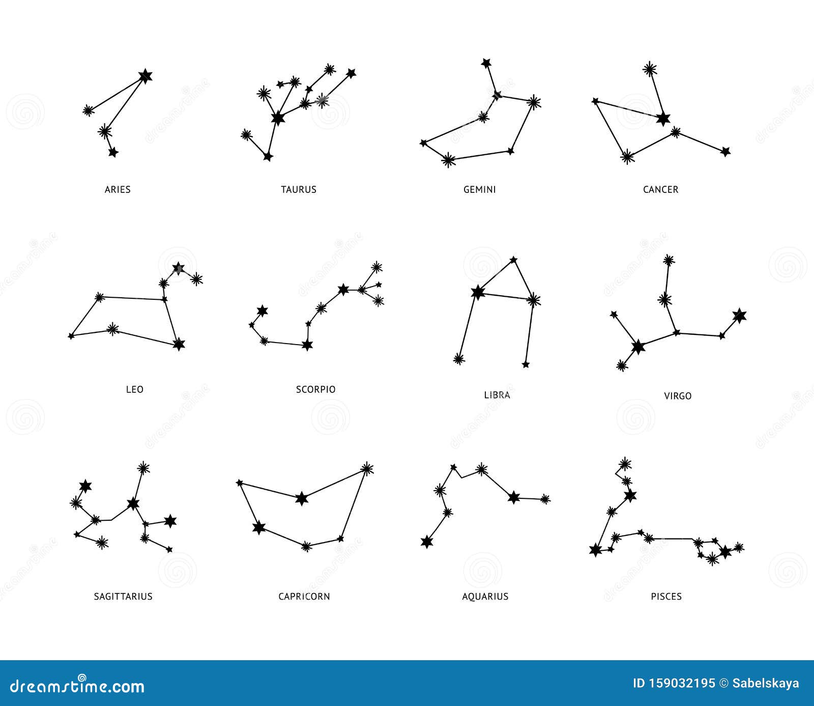 Twelve Zodiac Constellations Vector Illustration In Sketch Style